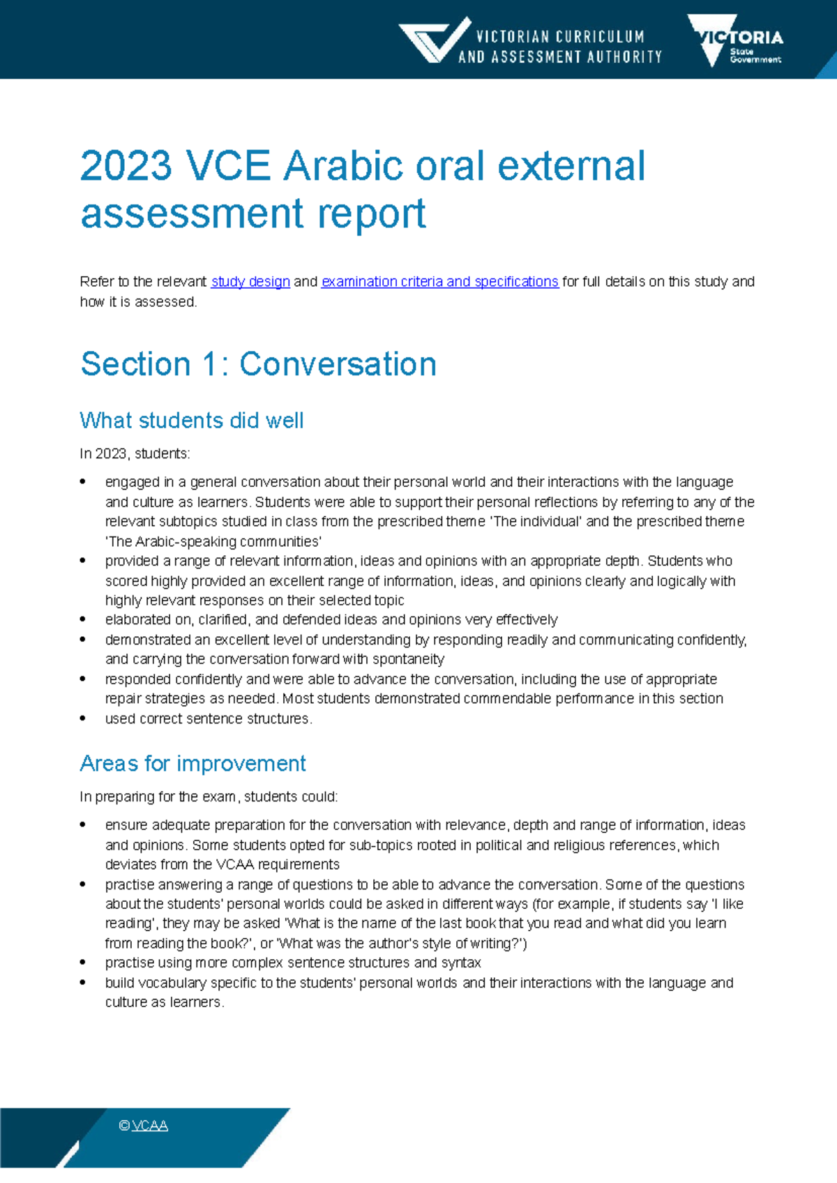 2023arabic-oral-report - 2023 VCE Arabic oral external assessment report Refer to the relevant ...