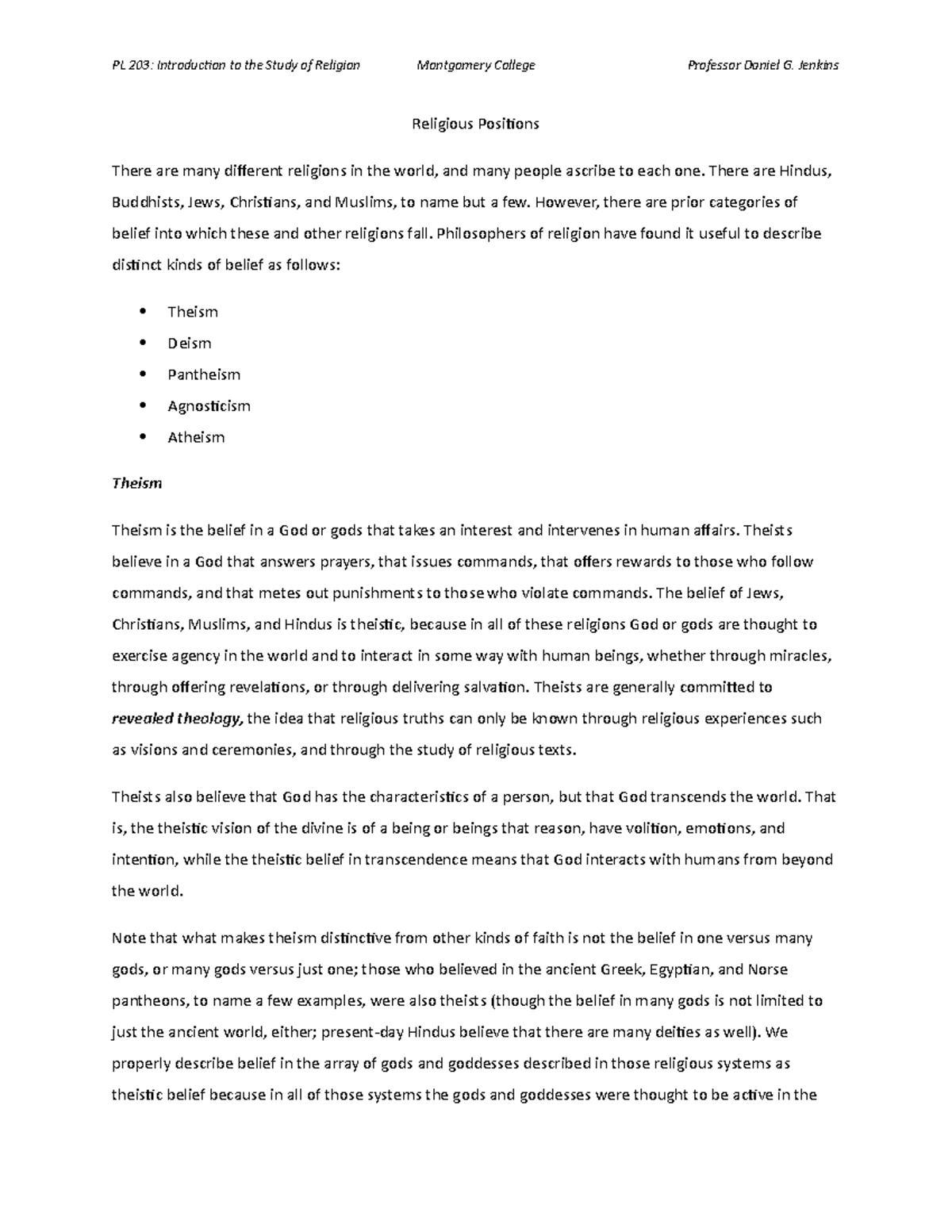 Lecture-Religious Positions - PL 203: Introduction to the Study of ...