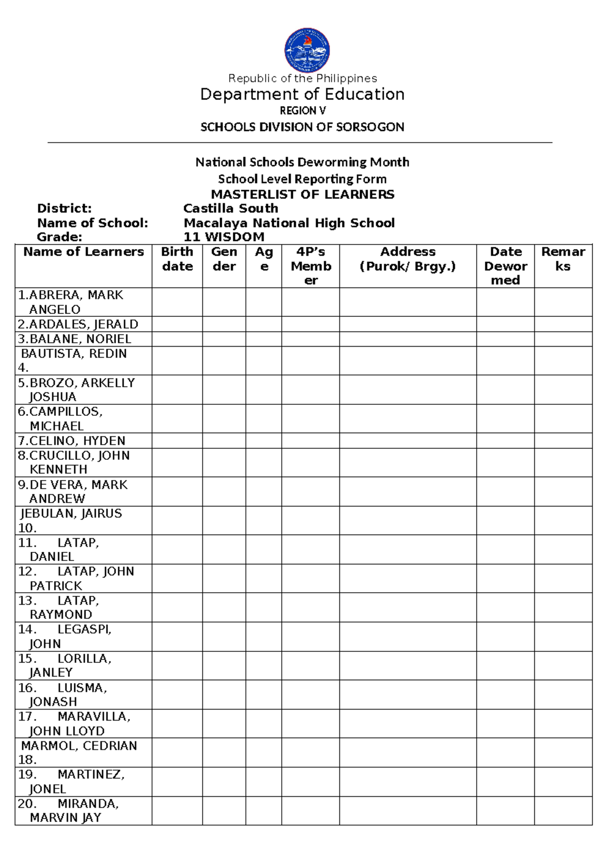 NSDD Masterlist School Level Reporting Form 1 Edited Final - Department ...