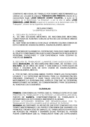 Contrato Individual DE Trabajo POR OBRA Determinada - CONTRATO INDIVIDUAL DE TRABAJO POR OBRA ...