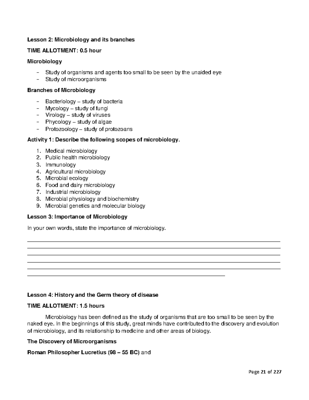 Bacteriology I. Lesson 2-6 - Lesson 2: Microbiology and its branches ...