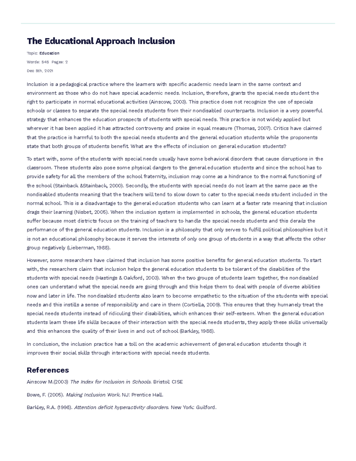 The Educational Approach Inclusion Free Essay Example - The Educational ...