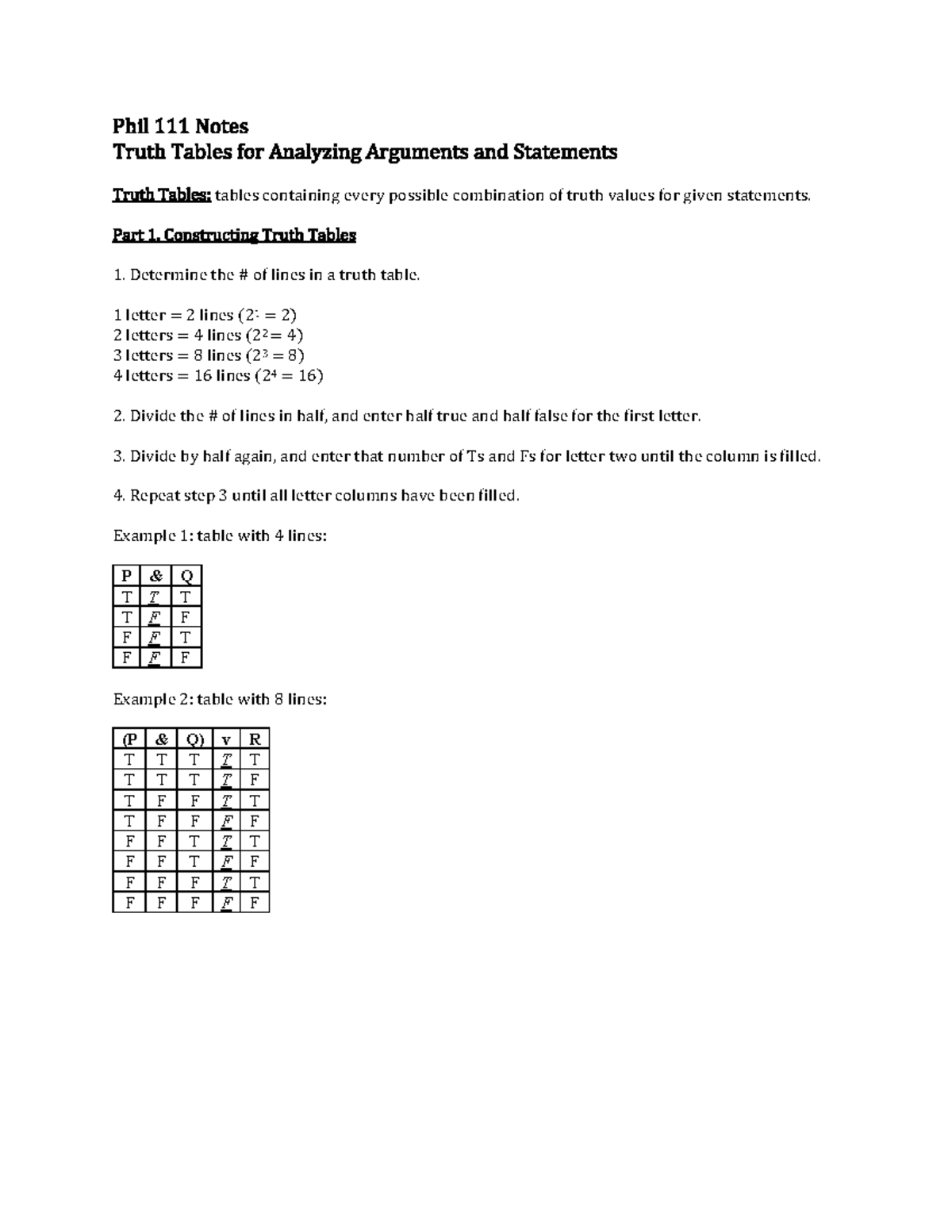 Notes - Week 4 Truth Tables - Phil 111 Notes Truth Tables for Analyzing ...