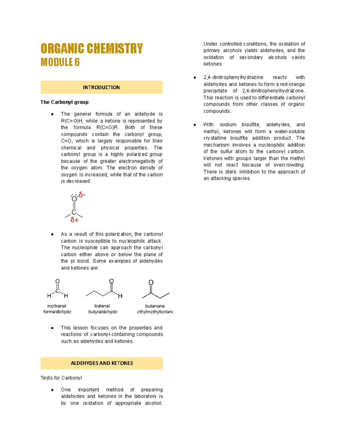 Orgchem LEC M6&7 - notes - ORGANIC CHEMISTRY MODULE 6 The Carbonyl ...