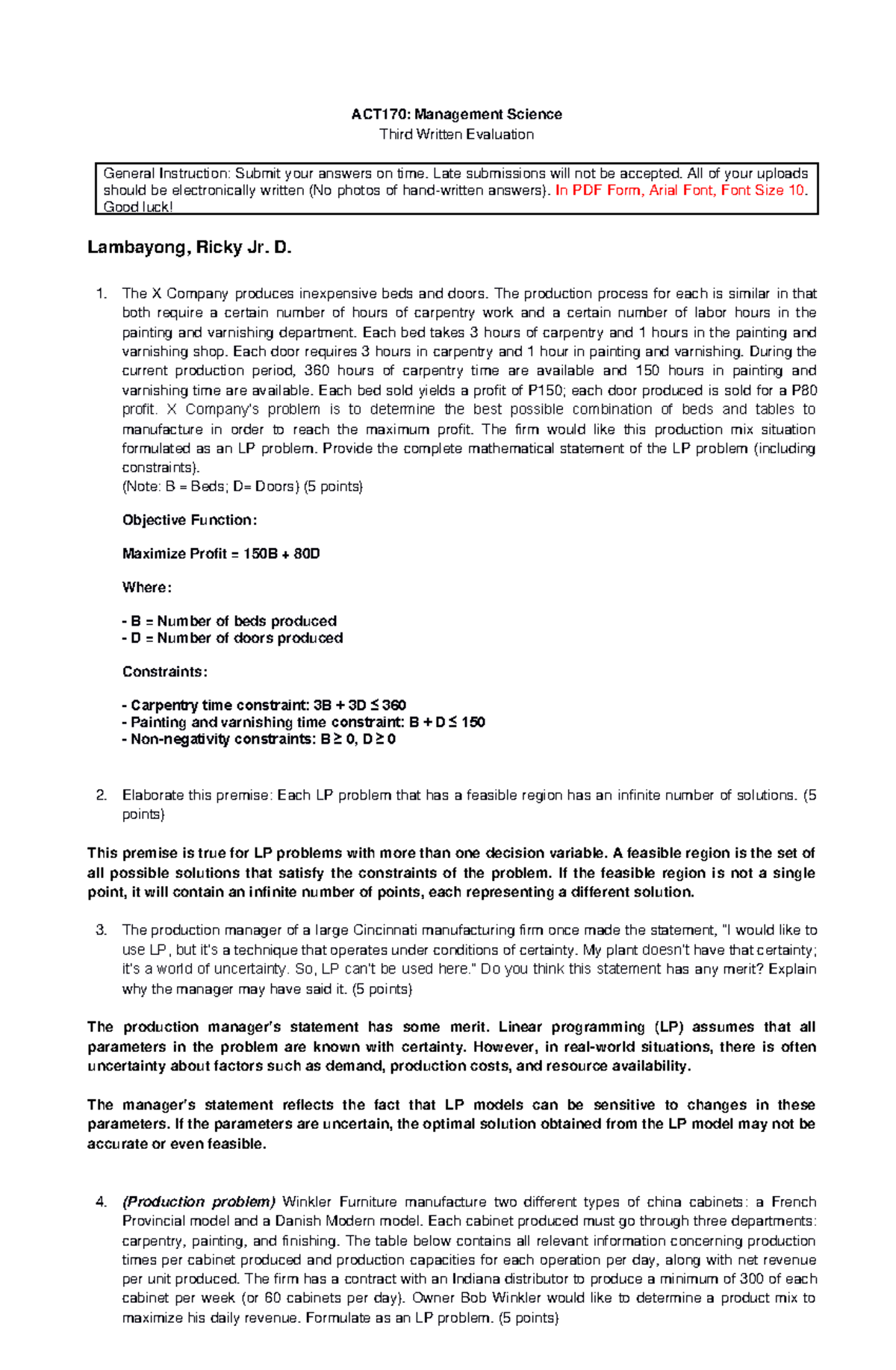 management science - General Instruction: Submit your answers on time ...