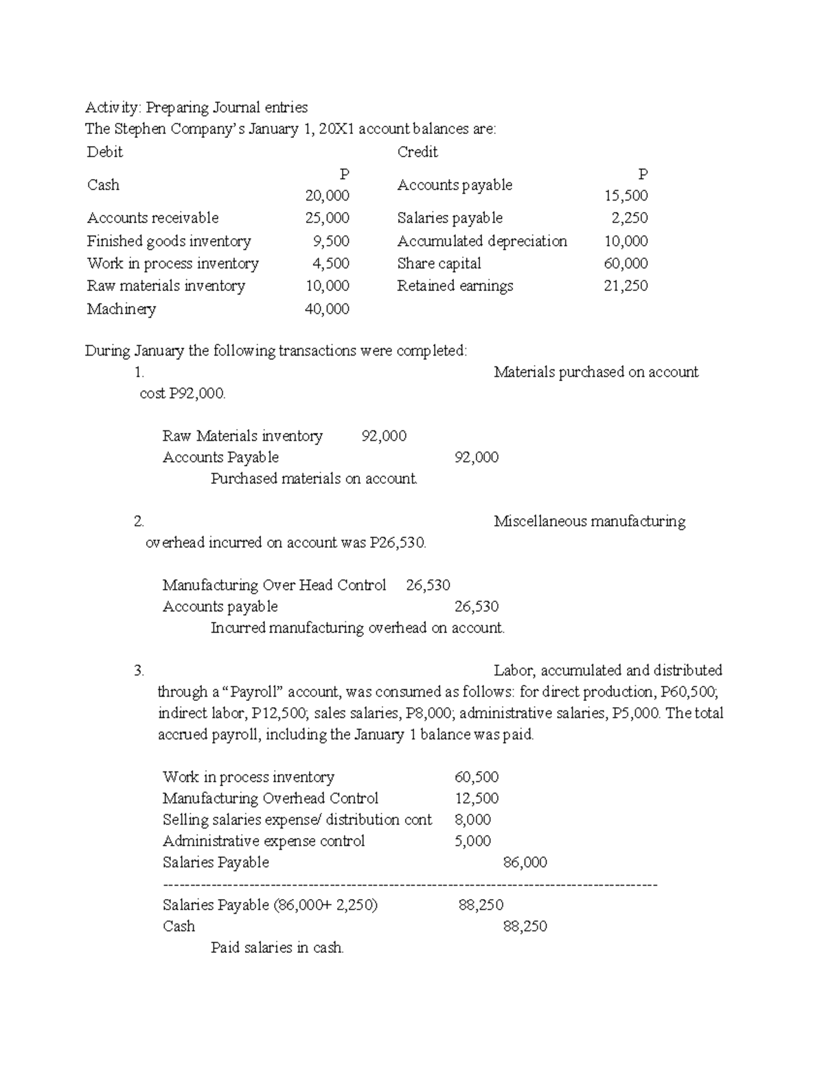Cost accounting Journal entries - Activity: Preparing Journal entries ...