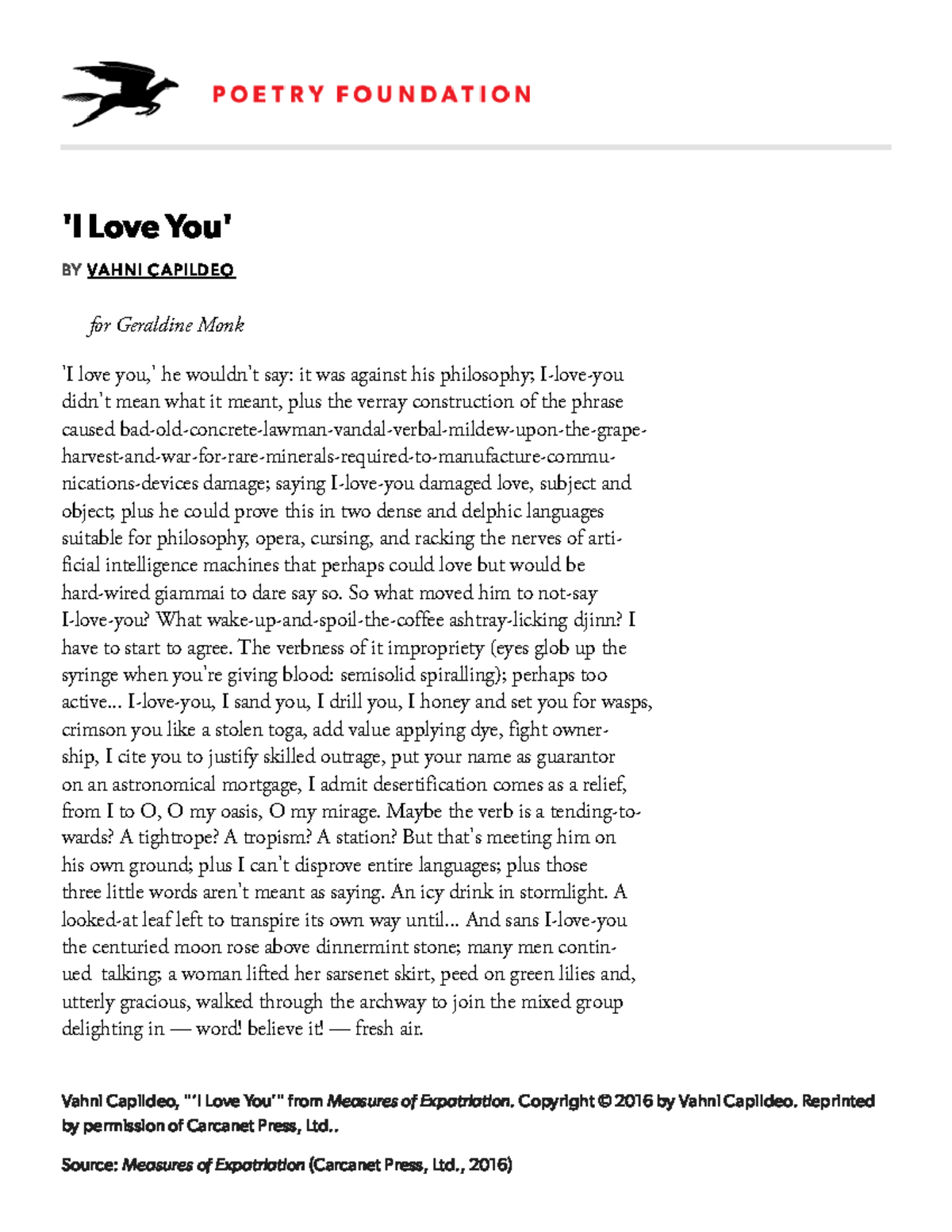 'I Love You' by Vahni Capildeo Poetry Foundation - 'I Love You' BY ...