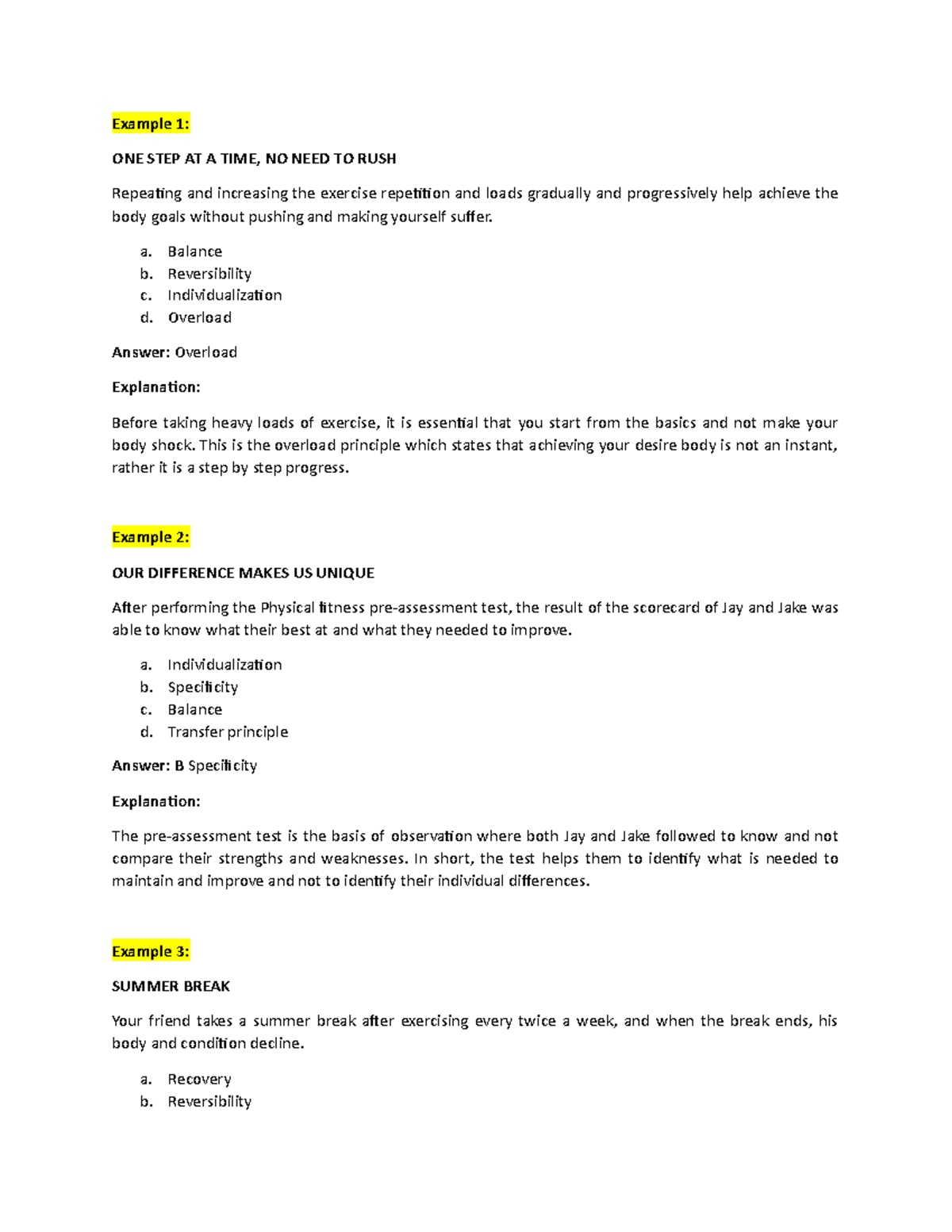 Examples-PE - Examples of Principles of training exercises. Examples of ...