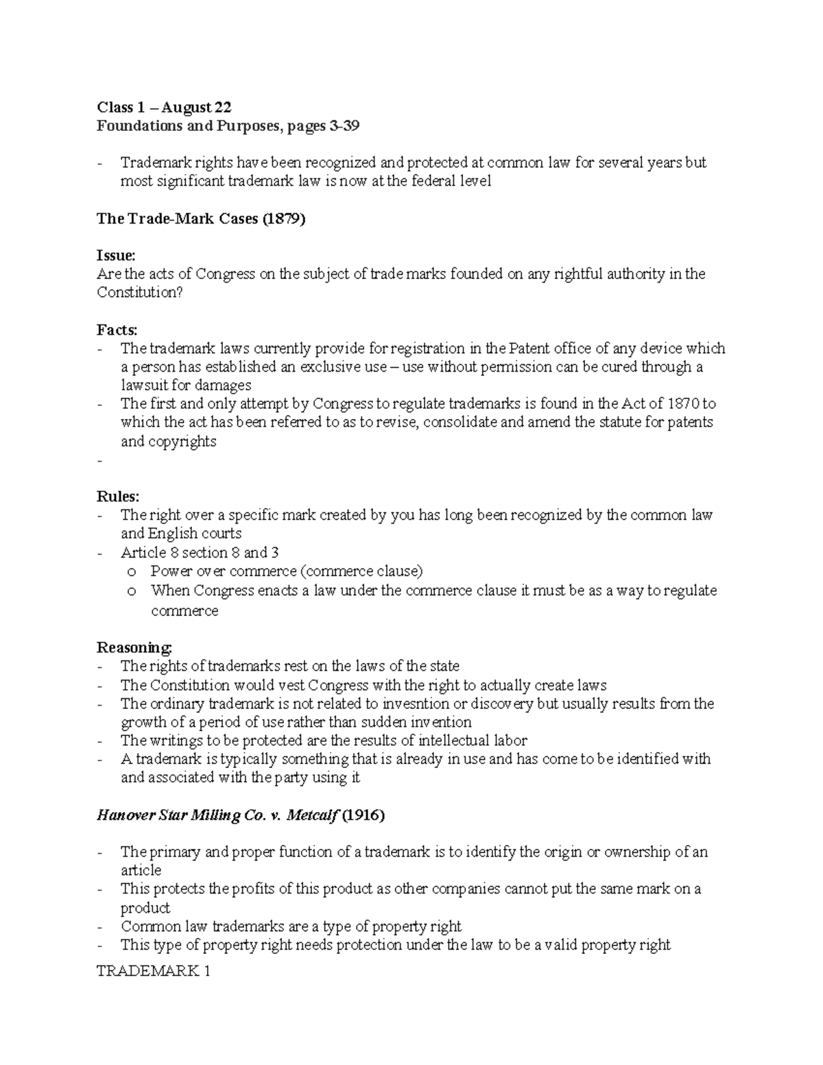 Trademark Notes - Class 1 – August 22 Foundations and Purposes, pages 3 ...