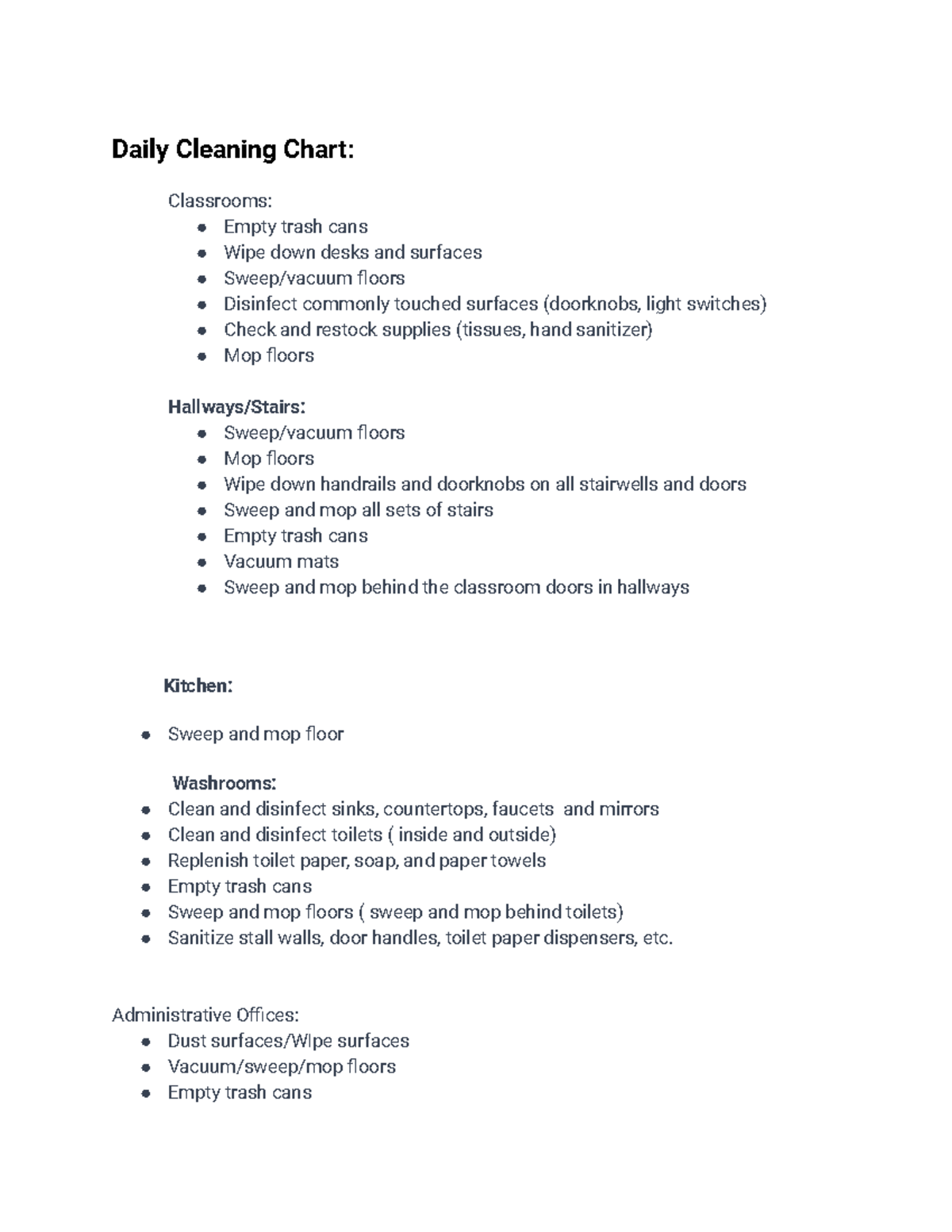 Cleaning Chart For Cooper - Daily Cleaning Chart: Classrooms: Empty ...