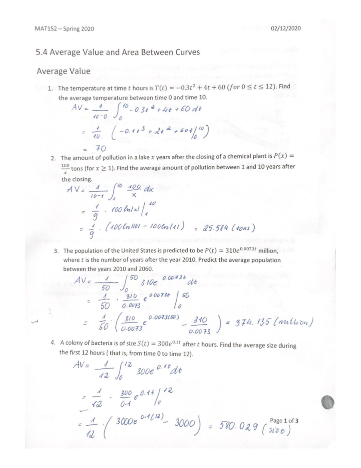 5.4 Average Value and Area Between Curves - MAT 152 - Studocu
