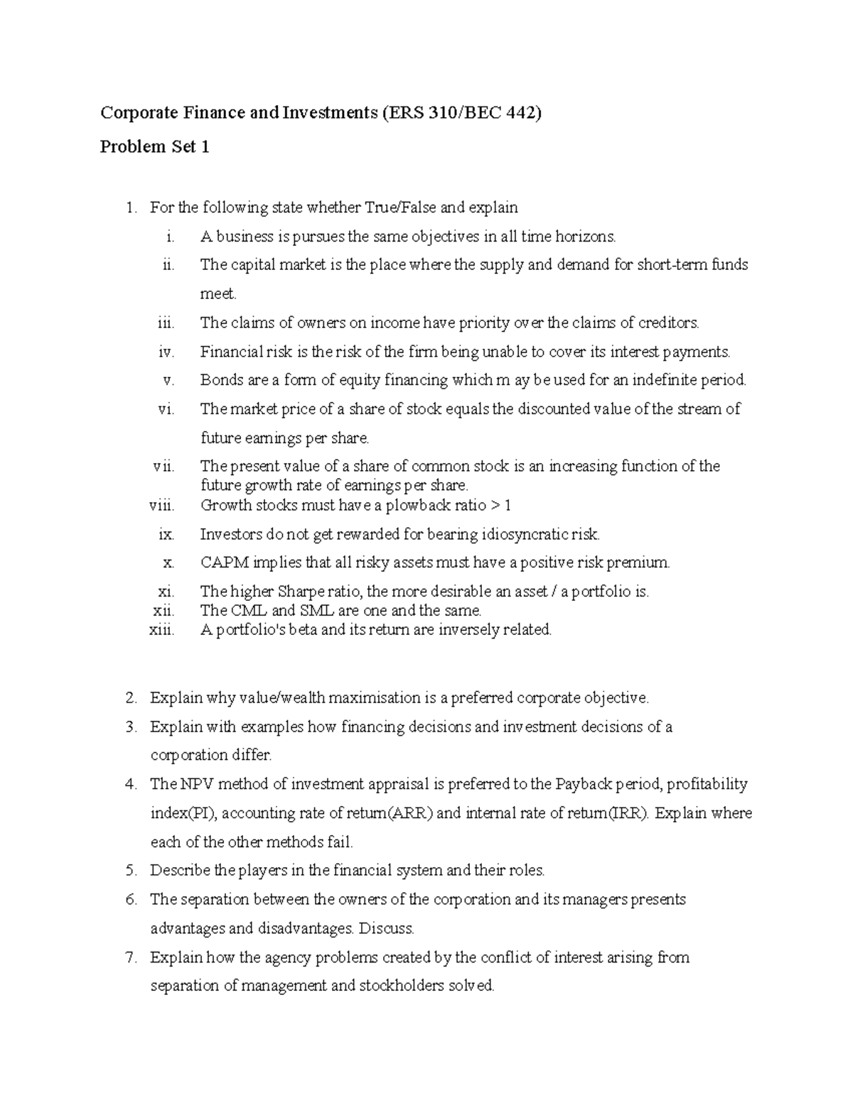 Problem Set 1 - I need study materials for corporate finace and ...