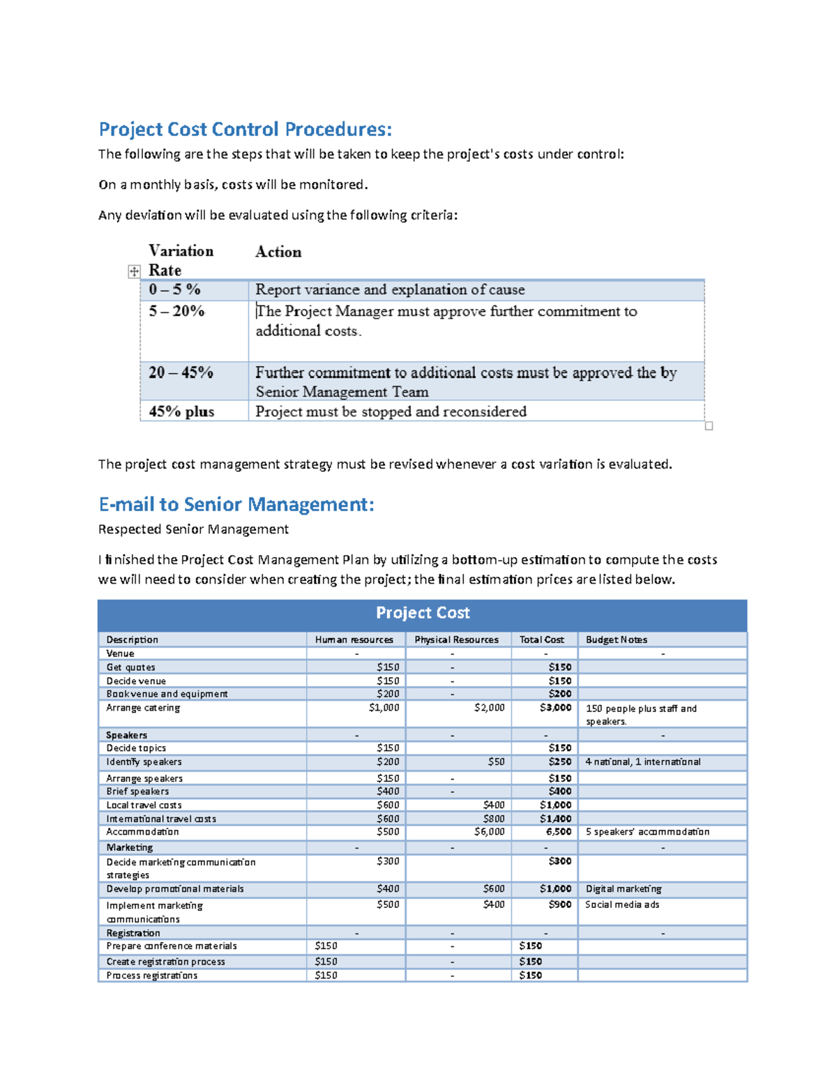 Project Cost Control Procedures - Any deviation will be evaluated using ...