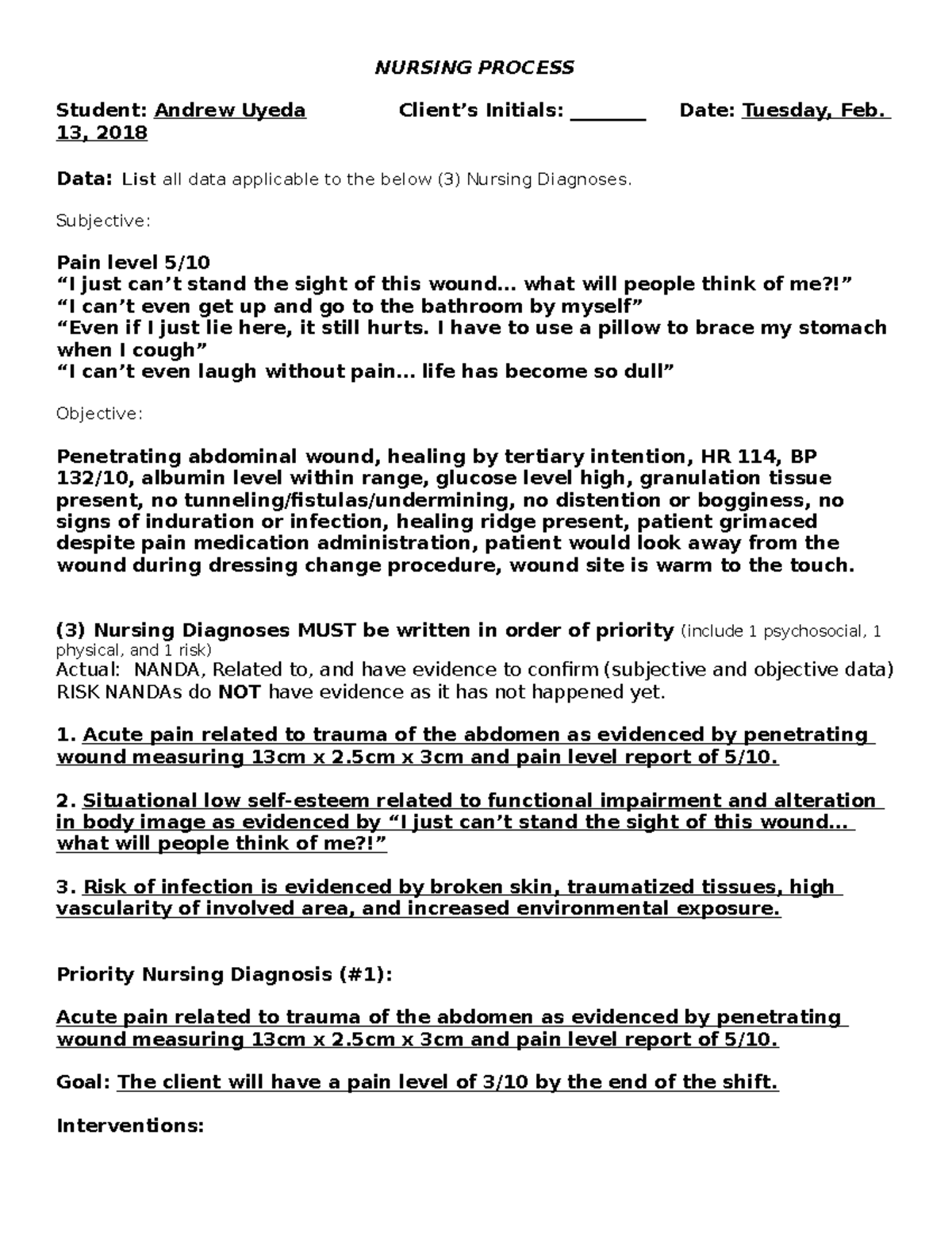 Nursing Process Form - SSD Wound Care - Fall 2018 - NURSING PROCESS ...