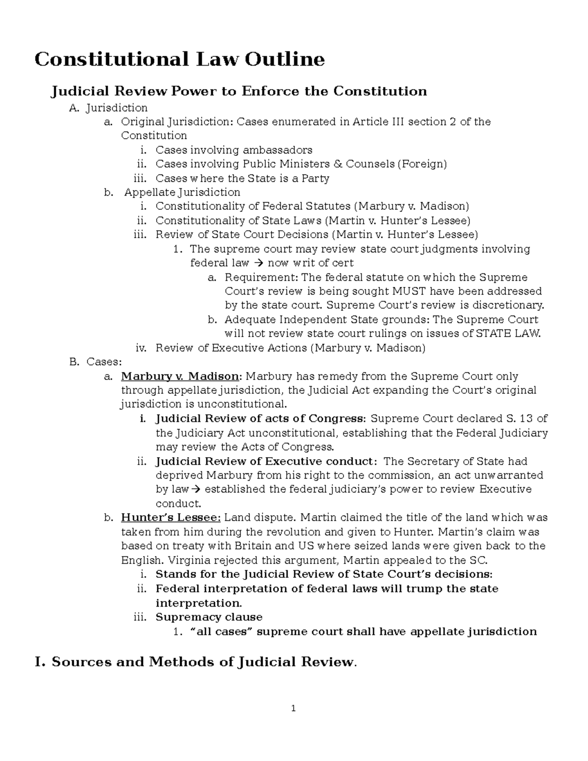 Con Law Outline - Constitutional Law Outline Judicial Review Power to ...