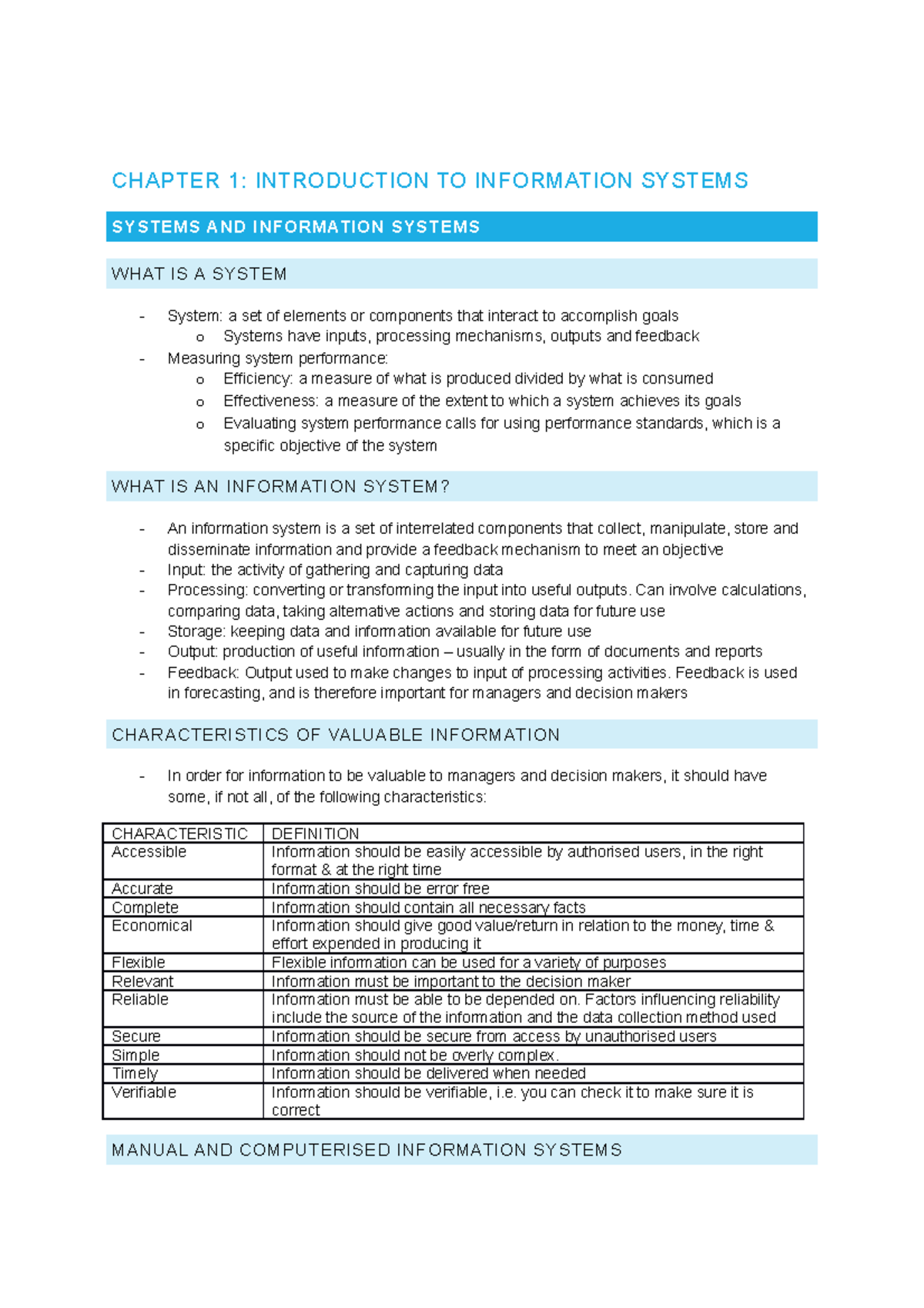 INF1501 Chapter 1 - CHAPTER 1: INTRODUCTION TO INFORMATION SYSTEMS ...