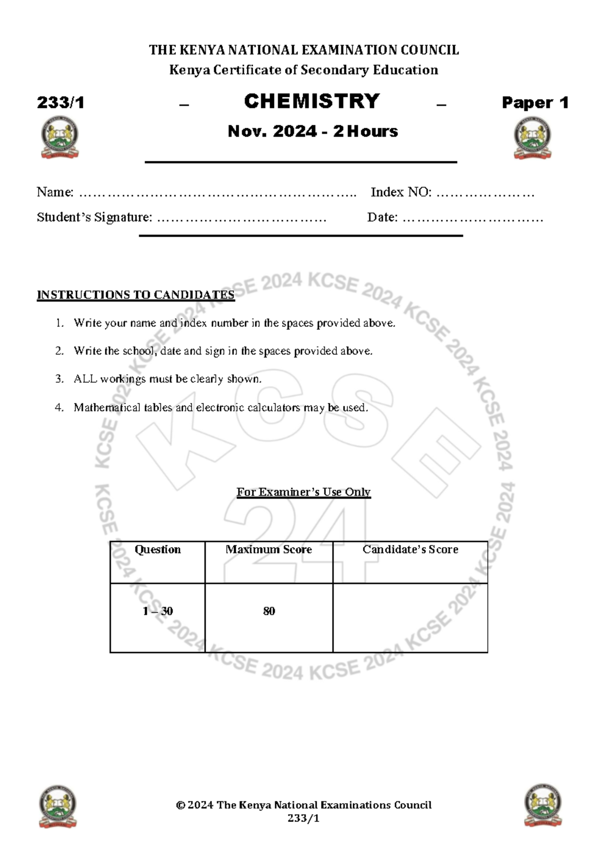 KCSE 2024 CHEM PP1 QS - CODE 01 - THE KENYA NATIONAL EXAMINATION ...