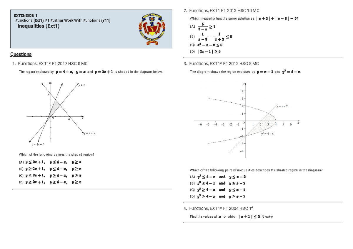 C) Inequalities (HSC) - Practice from past HSC - Functions, EXT1* F1 ...