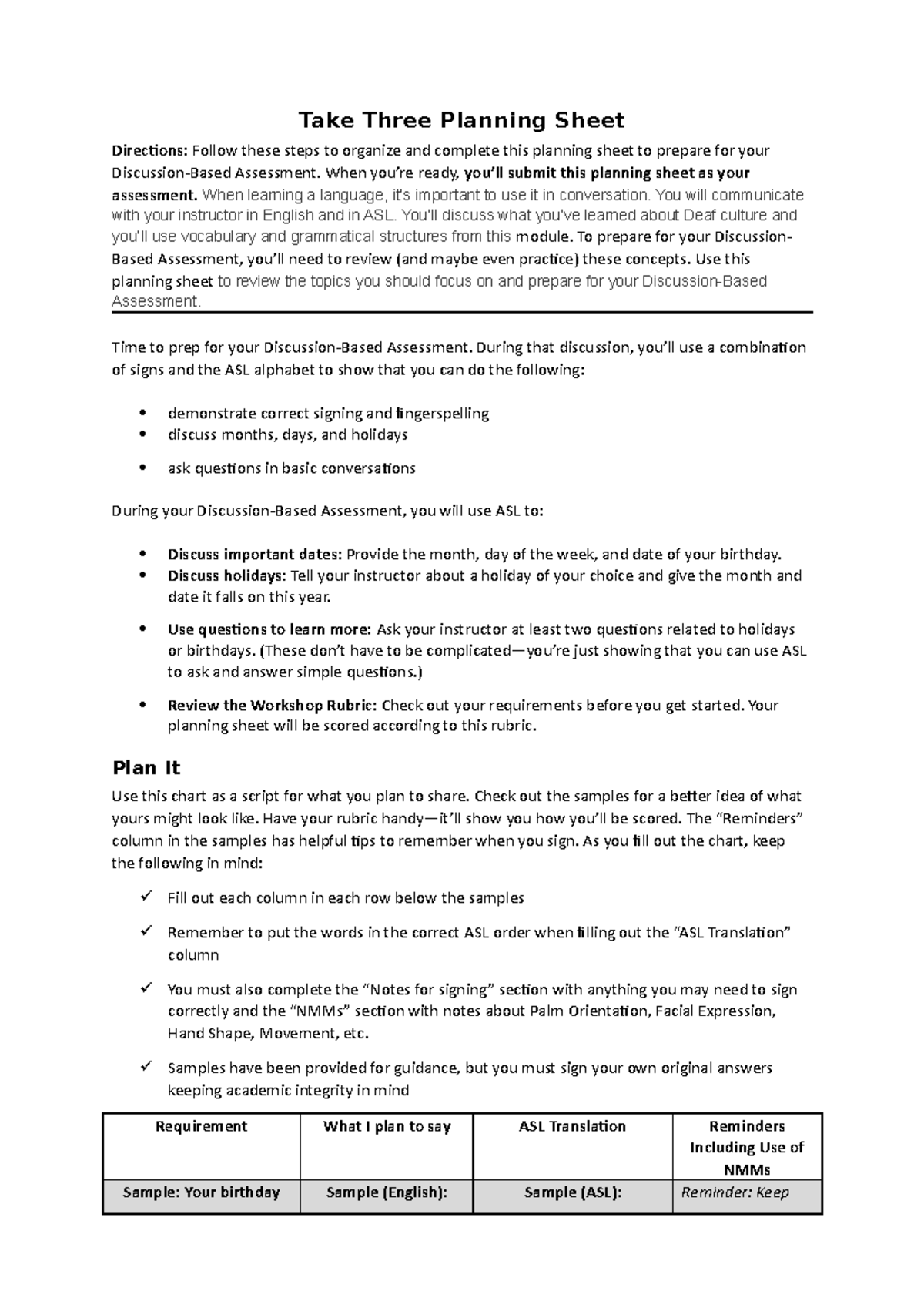 Lesson 3 Workshop - Take Three Planning Sheet Directions: Follow these ...