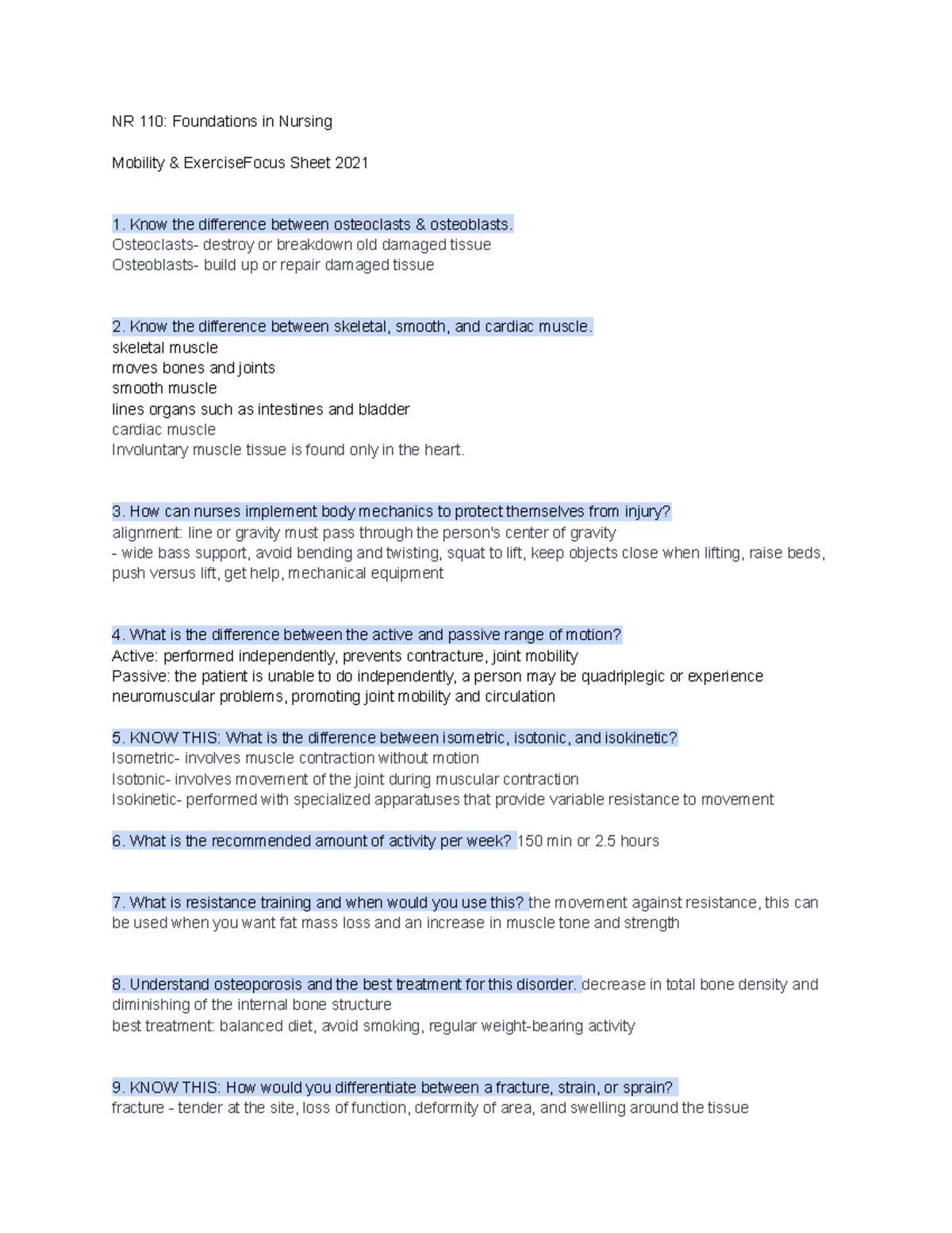 Mobility and exercise - NR 110: Foundations in Nursing Mobility ...