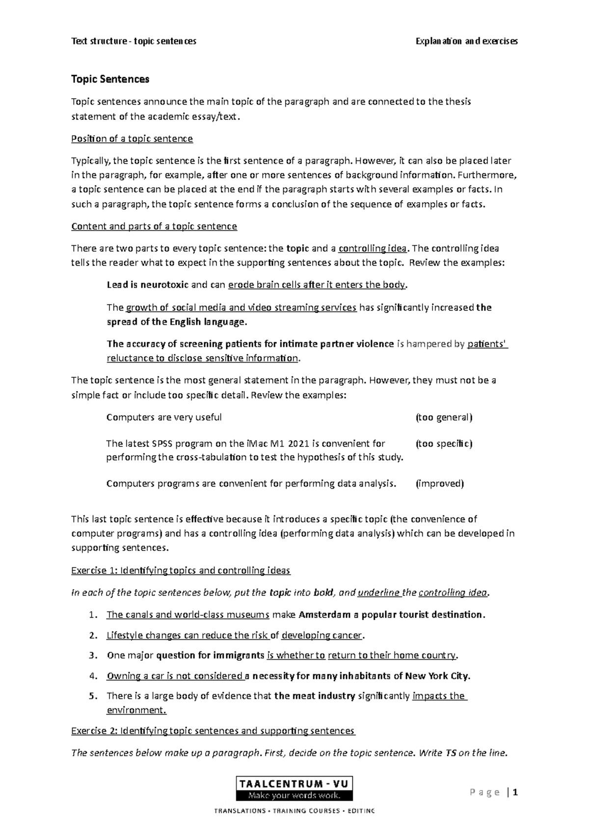 Topic Sentences-explanation and exercises - Text structure - topic ...