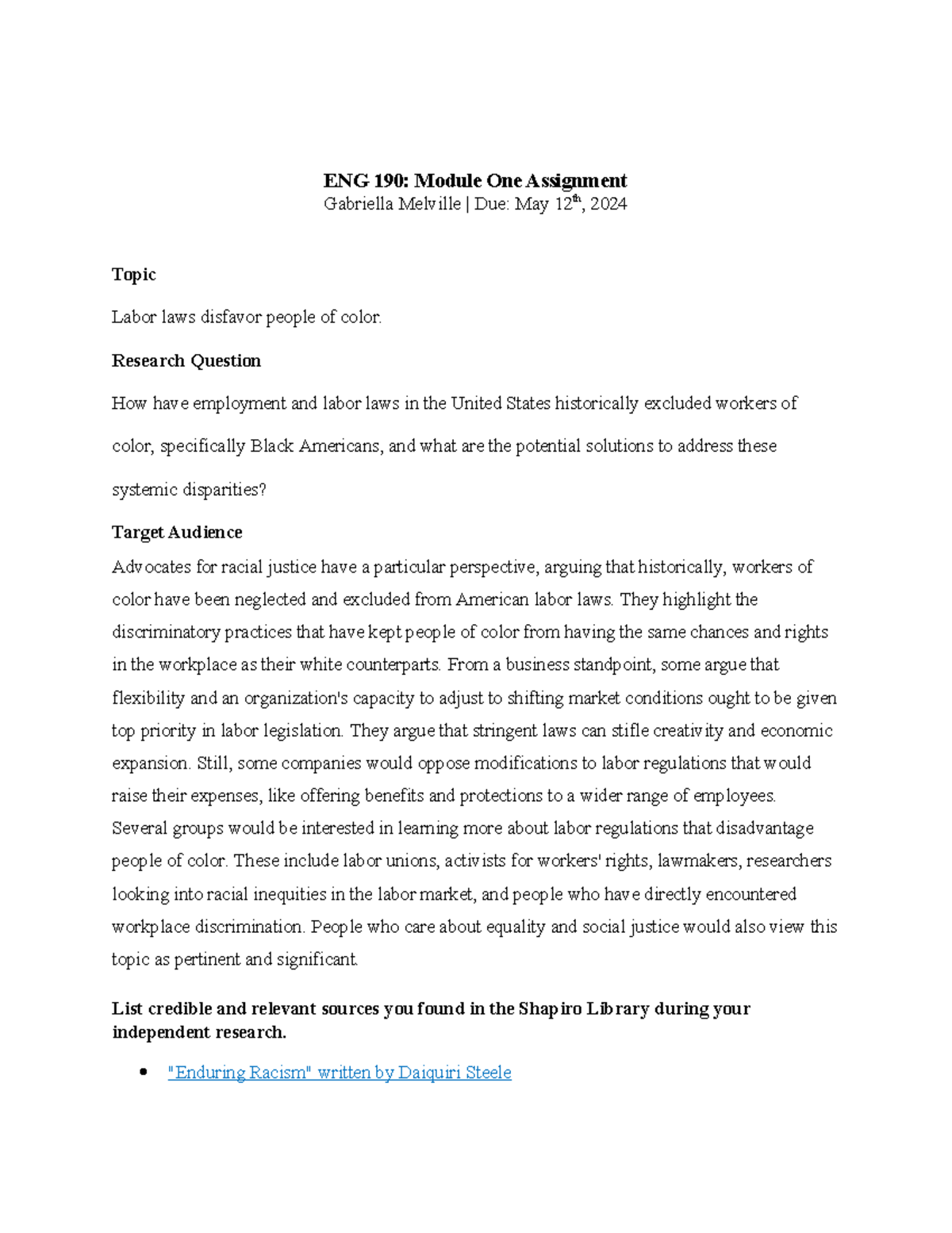 ENG-190 Mod 2 Journal - ENG 190: Module One Assignment Gabriella ...