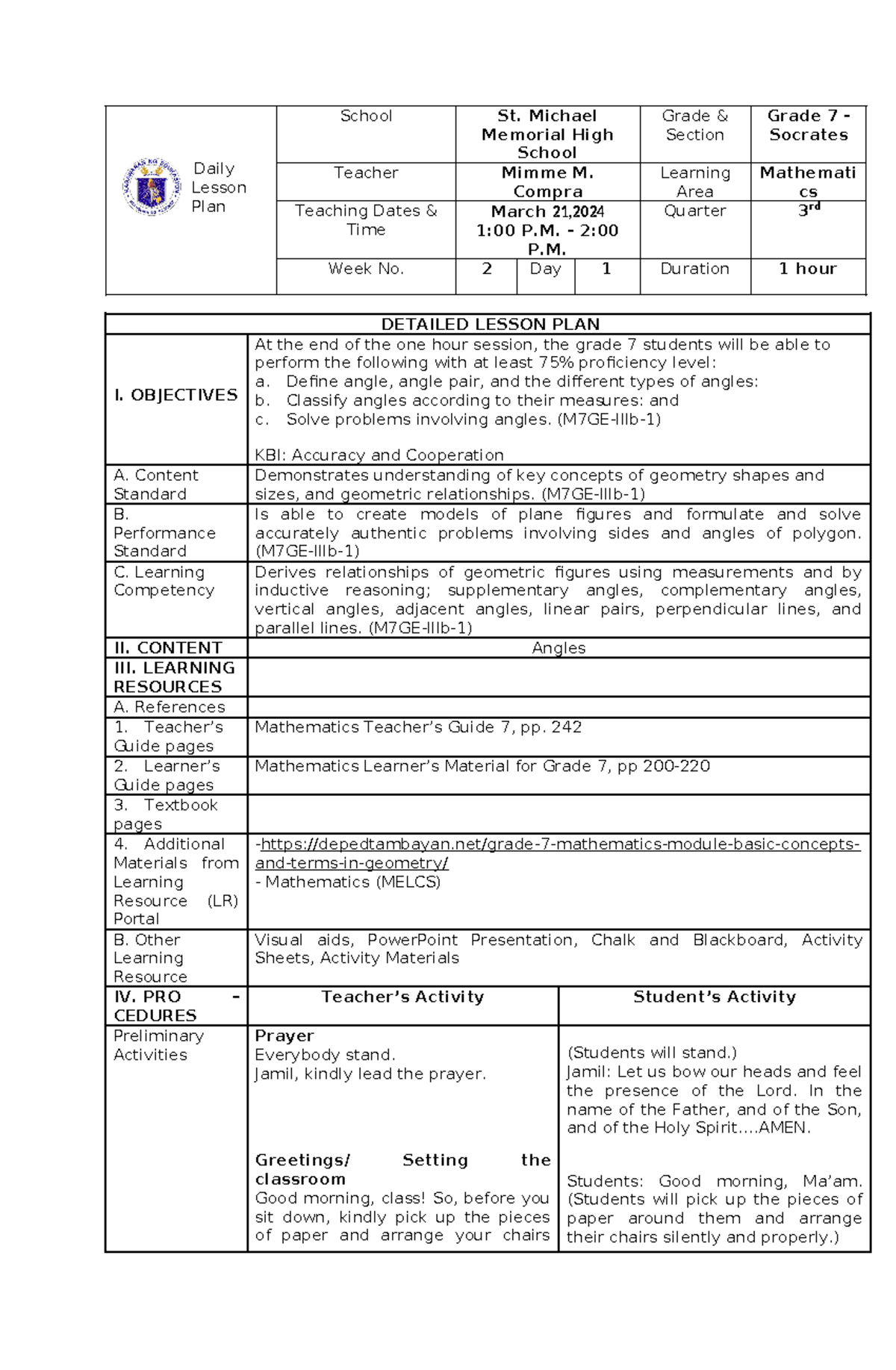 7E's Lesson PLAN - Daily Lesson Plan School St. Michael Memorial High ...