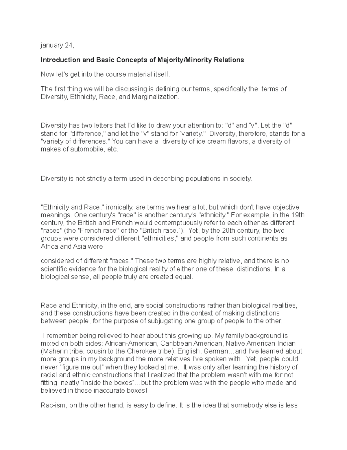 History diversity class - january 24, Introduction and Basic Concepts ...