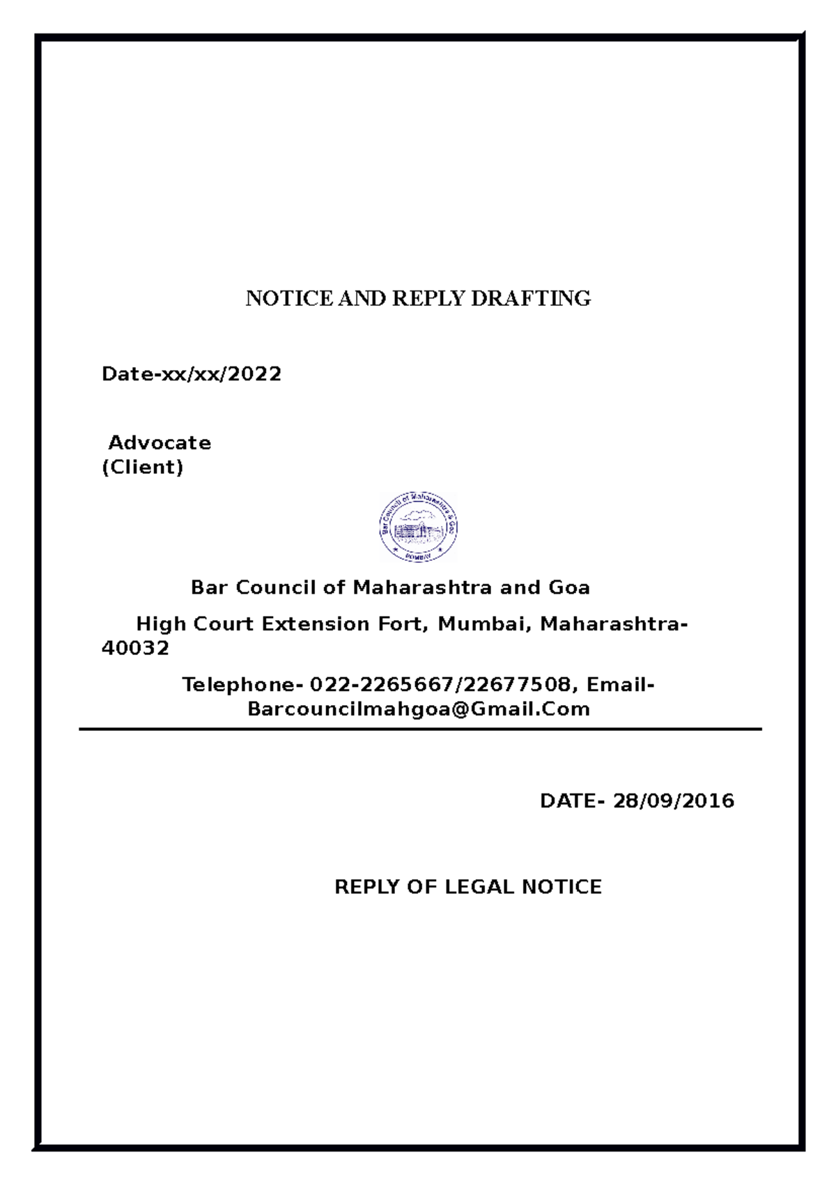 ICA Legal Notice - NOTICE AND REPLY DRAFTING Date-xx/xx/ (Client ...