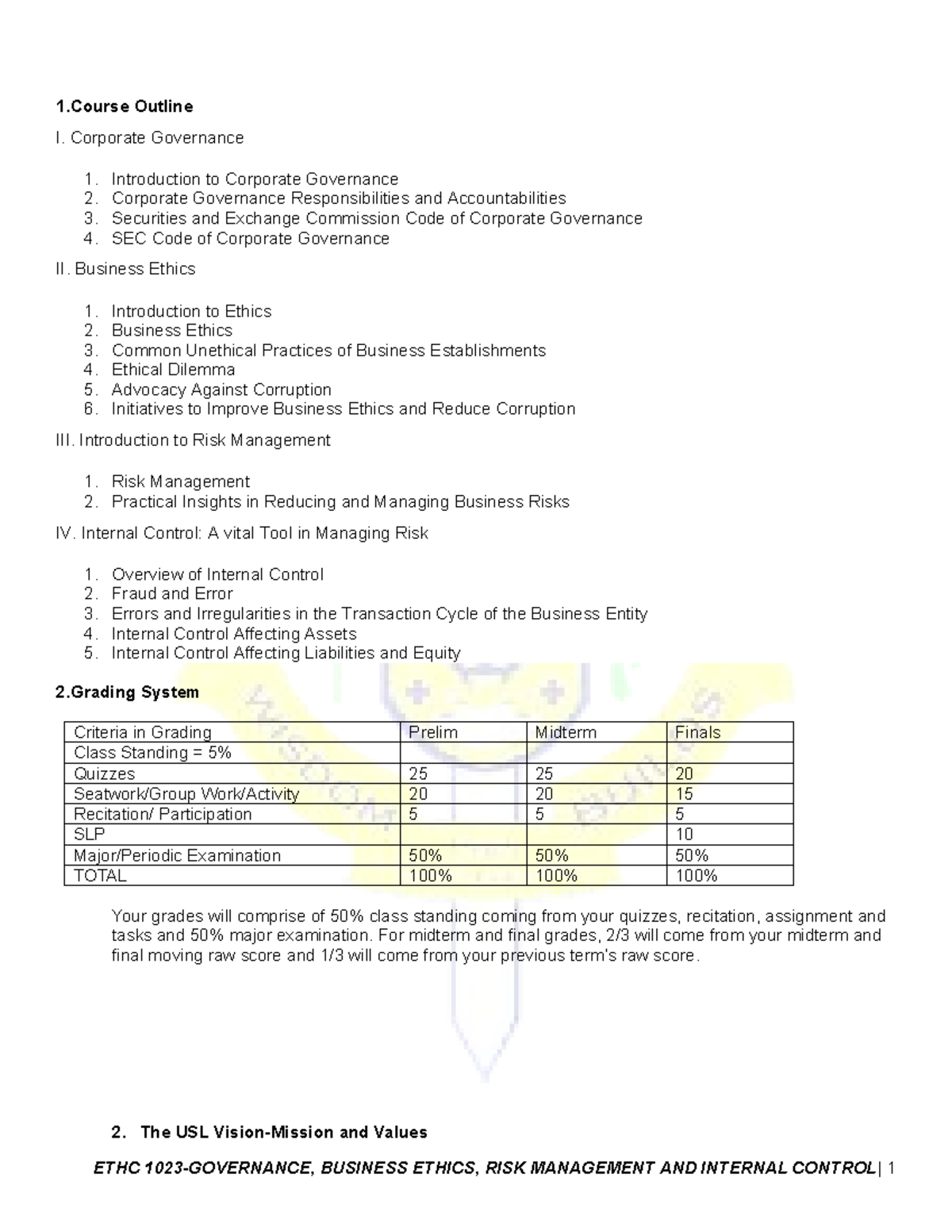 Week 1-ETHC 1023 - 1 Outline I. Corporate Governance 1. Introduction to ...
