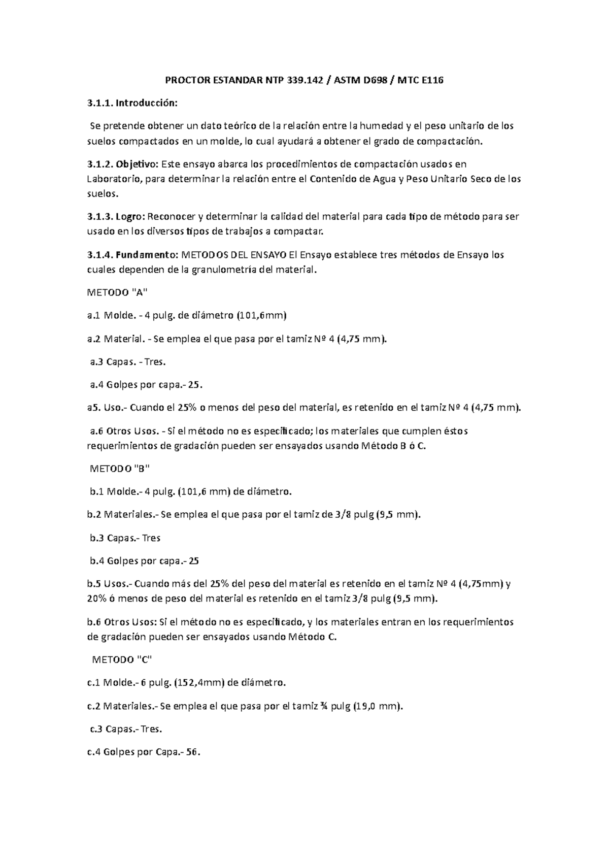 Proctor - ensayo - PROCTOR ESTANDAR NTP 339 / ASTM D698 / MTC E 3.1 ...