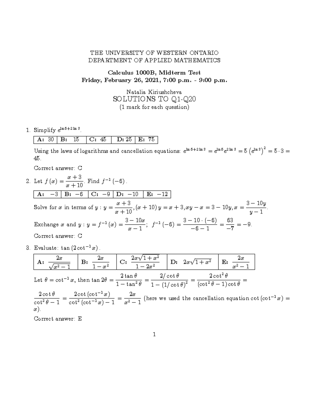 Calculus 1000b midterm Q1 Q23 solutions 2021 - THE UNIVERSITY OF ...