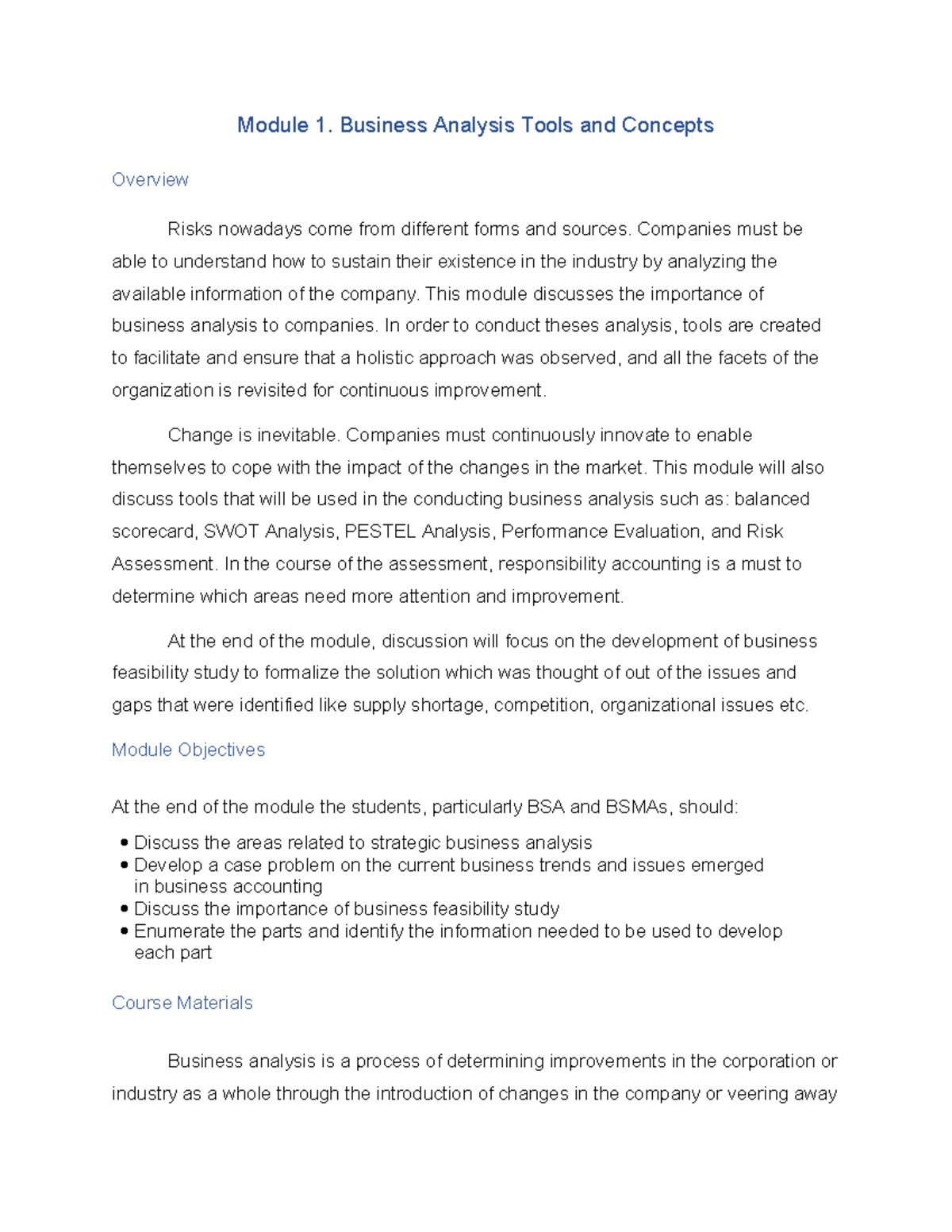 Module 1 Business Analysis Tools - Module 1. Business Analysis Tools ...