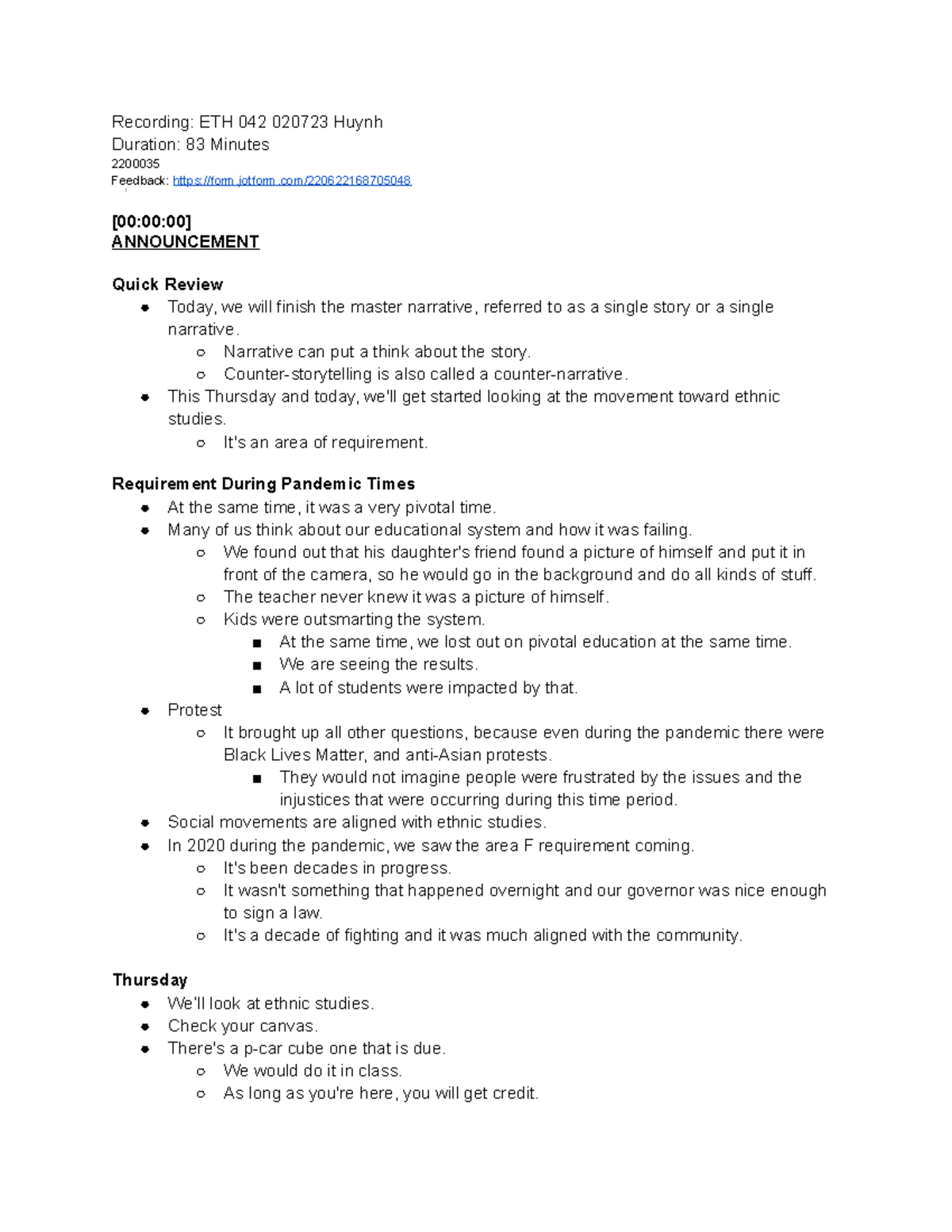 ETH 042 02-7-23 Huynh - Notes - Recording: ETH 042 020723 Huynh ...