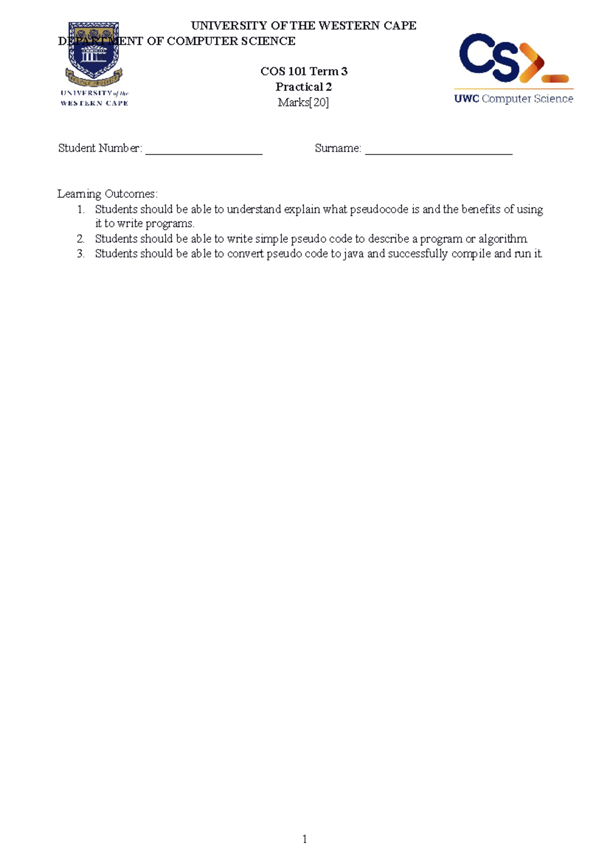 COS101 2024 Term3 Practical 2 - UNIVERSITY OF THE WESTERN CAPE DEPARTMENT OF COMPUTER SCIENCE ...