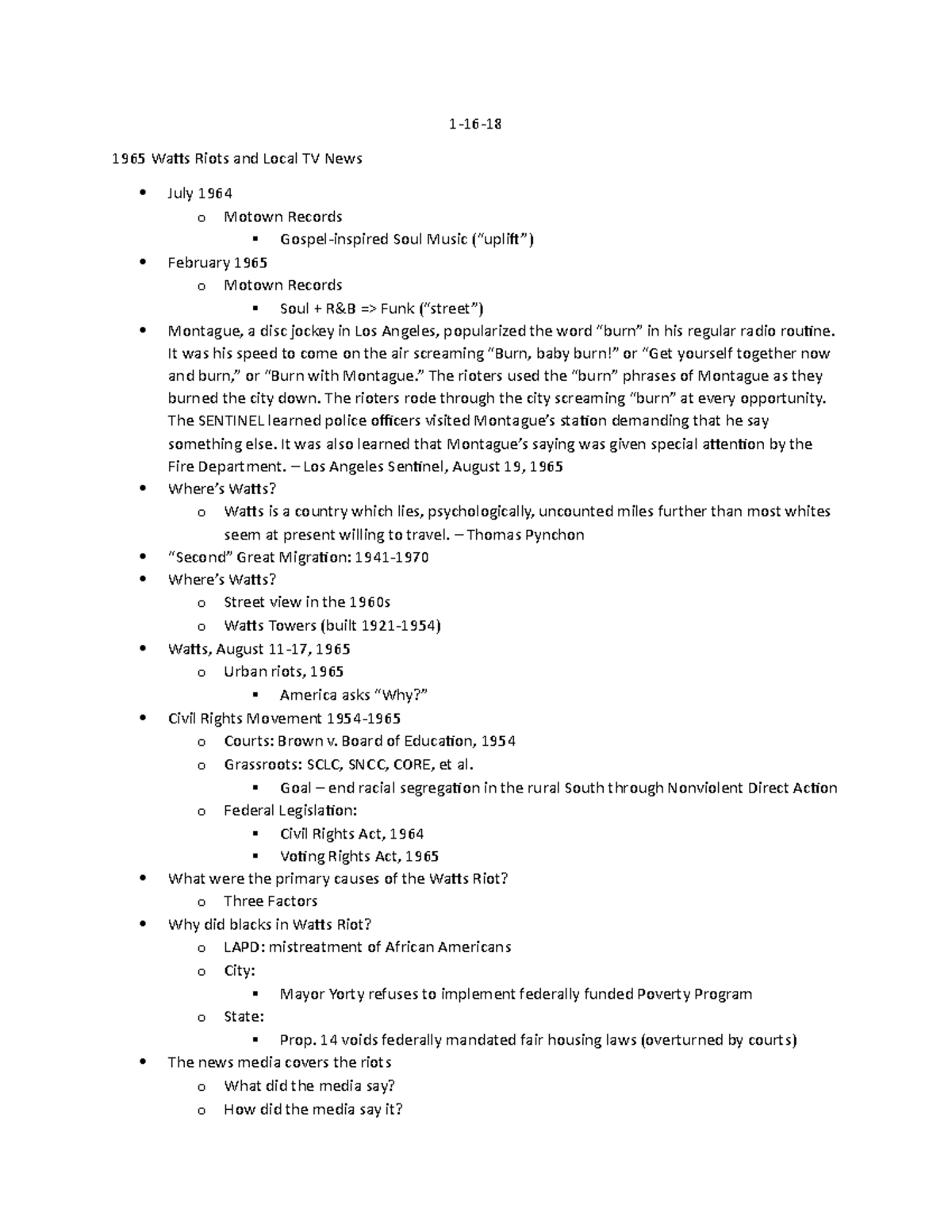 Lecture 1-16-18 Notes - 1-16- 1965 Watts Riots and Local TV News July ...
