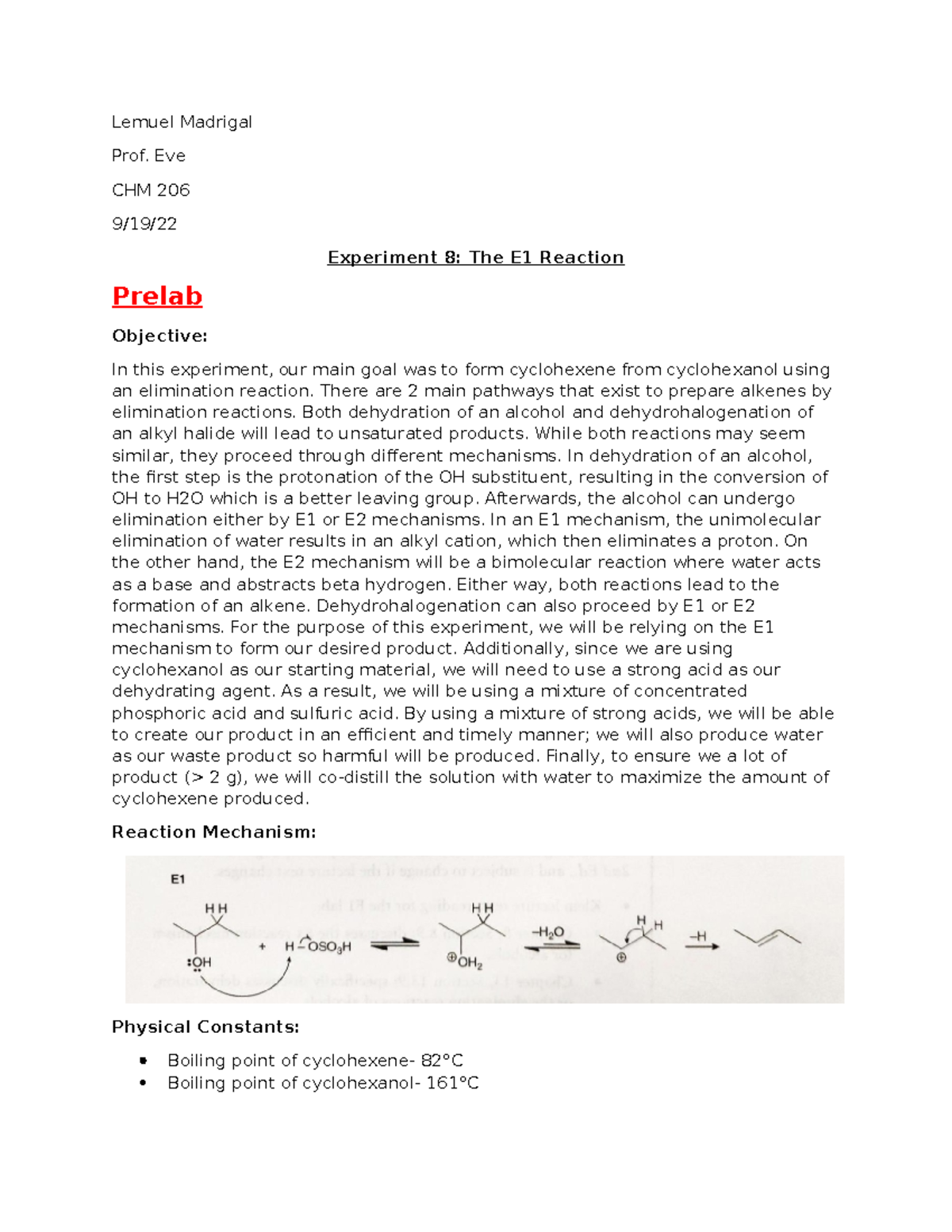 Expt 8 Lab Report - Lemuel Madrigal Prof. Eve CHM 206 9/19/ Experiment ...