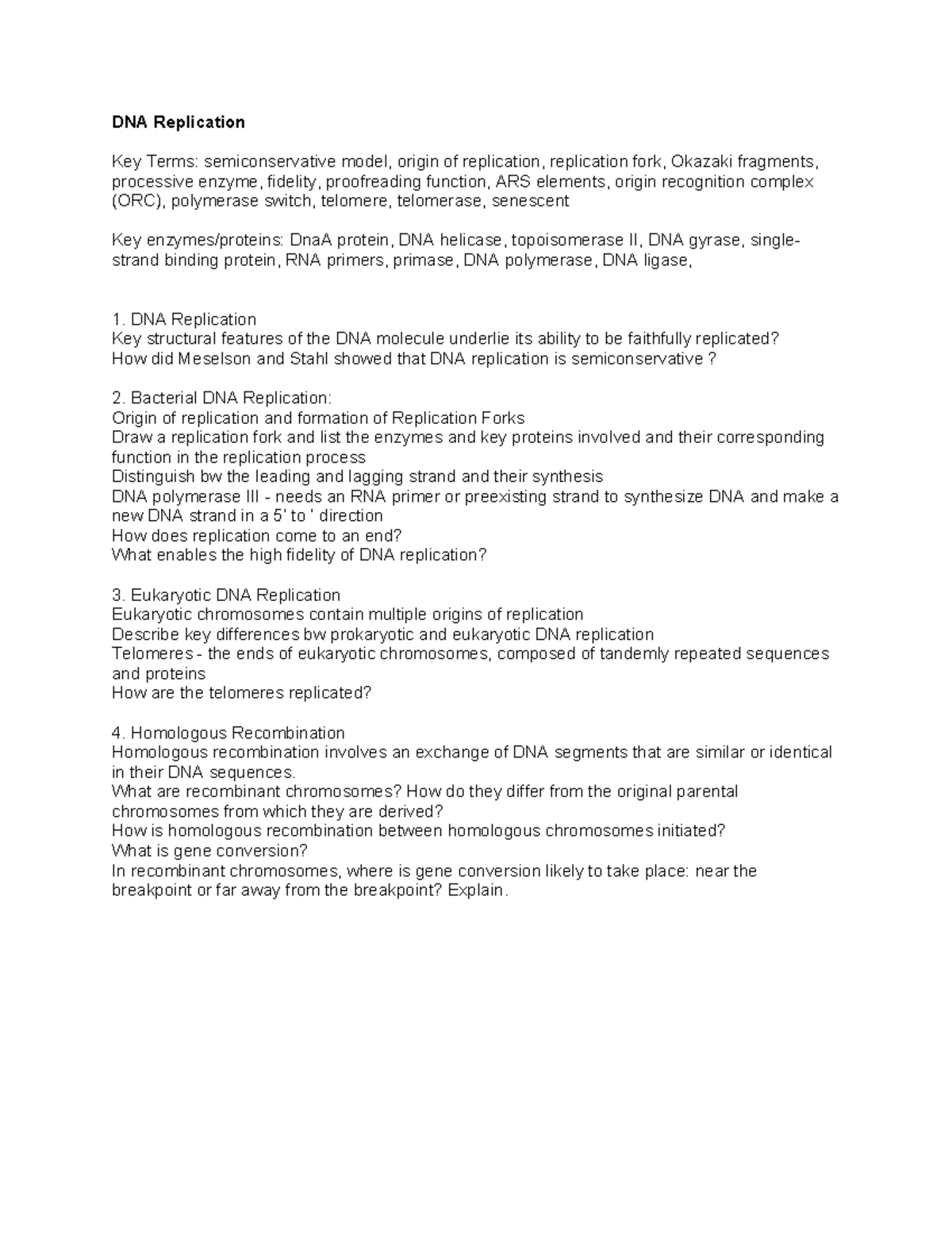 Test #3 review outline - DNA Replication Key Terms: semiconservative ...