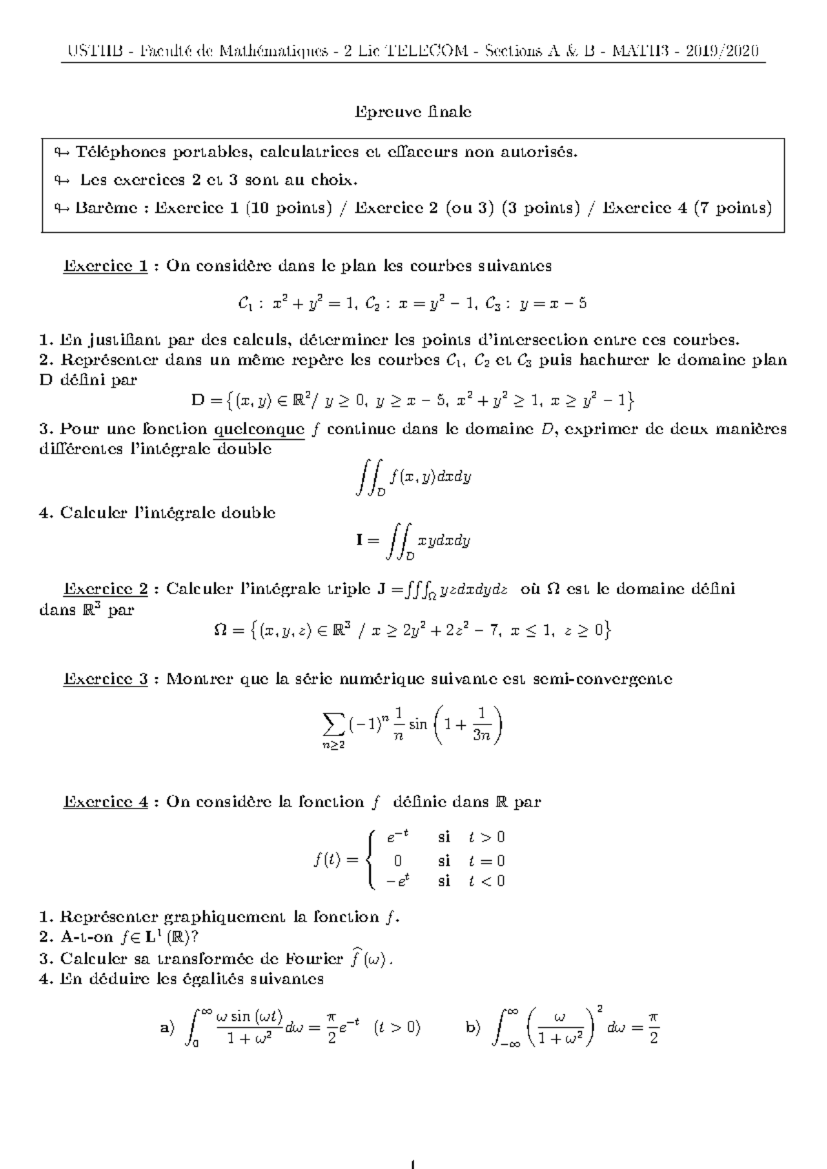 Examen 7 Mathématique 3 Usthb - USTHB - Faculté de Mathématiques - 2 ...