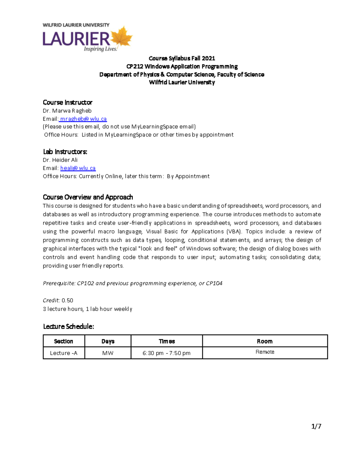 CP212 syllabus Fall2021 - Course Syllabus Fall 2021 CP2 12 Windows Application Programming - Studocu