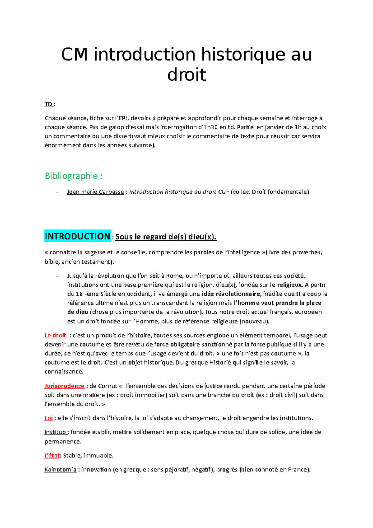 CM introduction historique au droit - Université Paris 1 - StuDocu