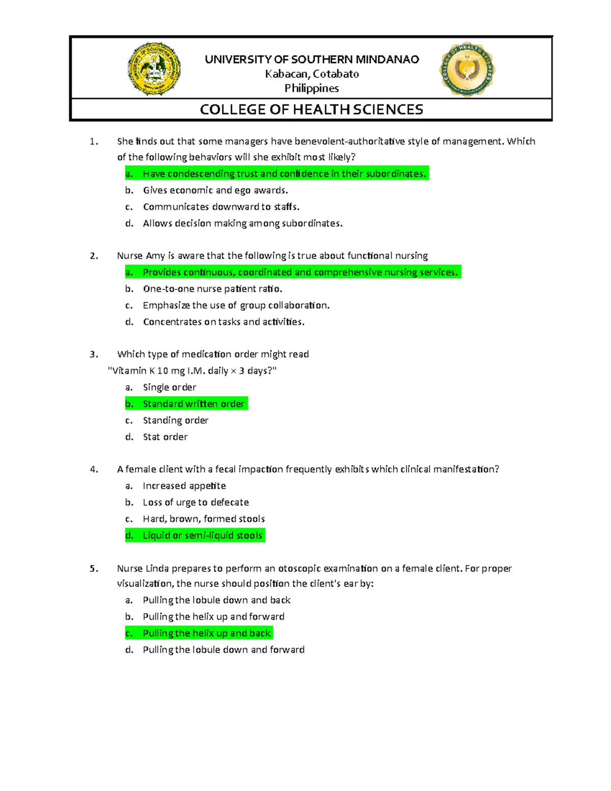 Nursing TEST 1 - Practice-2 - UNIVERSITY OF SOUTHERN MINDANAO Kabacan ...