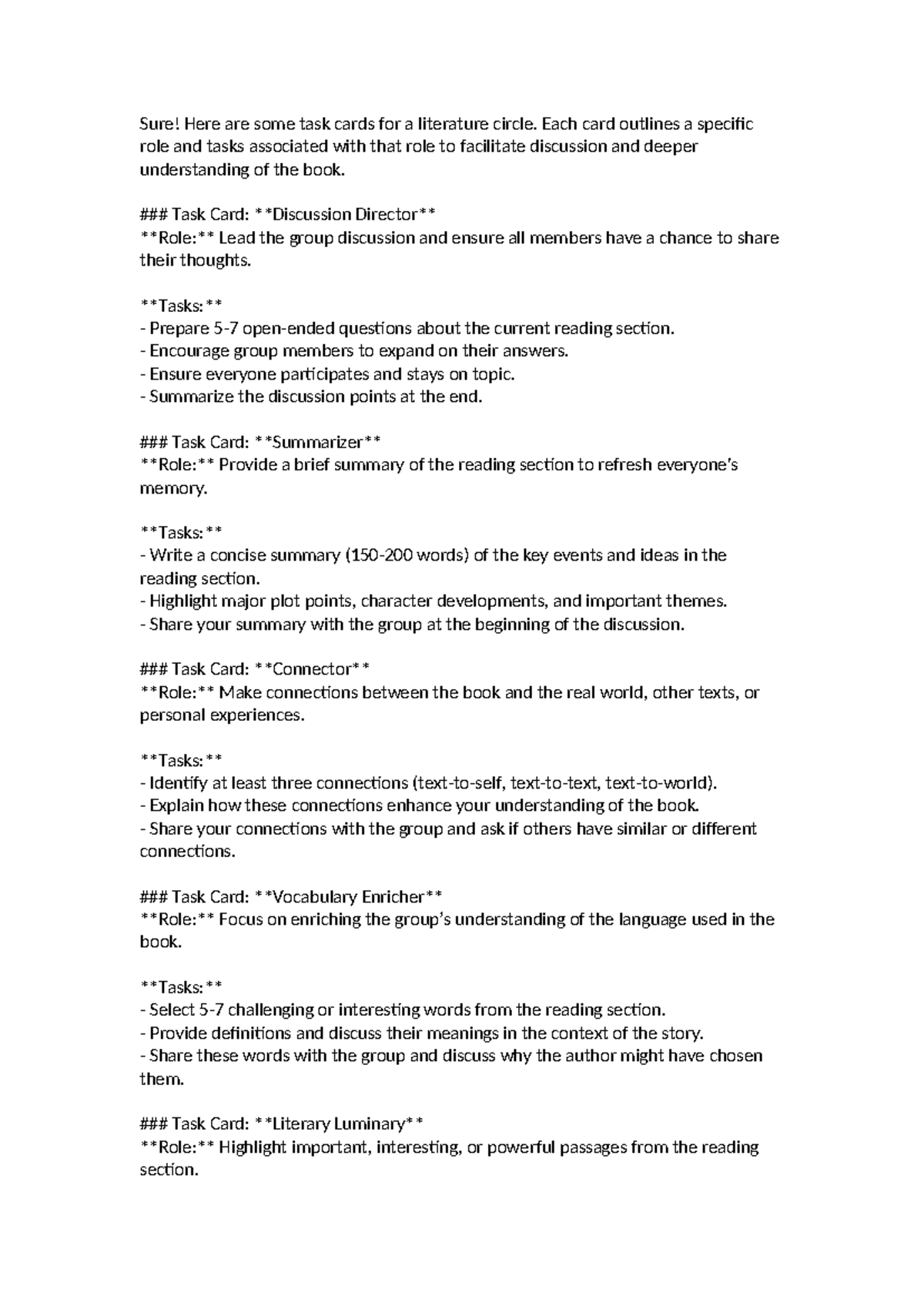 Lit circle - Sure! Here are some task cards for a literature circle ...