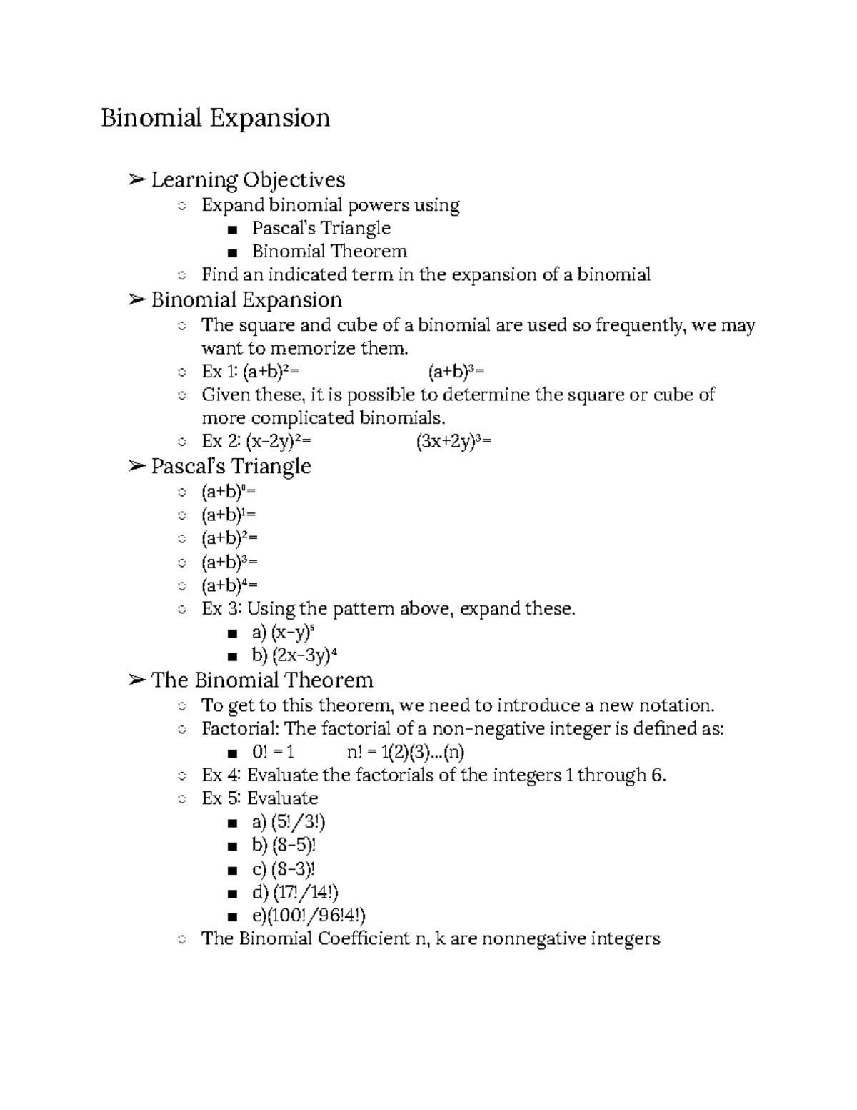 Math 1050 Lecture Notes Class 30 - Binomial Expansion Learning ...