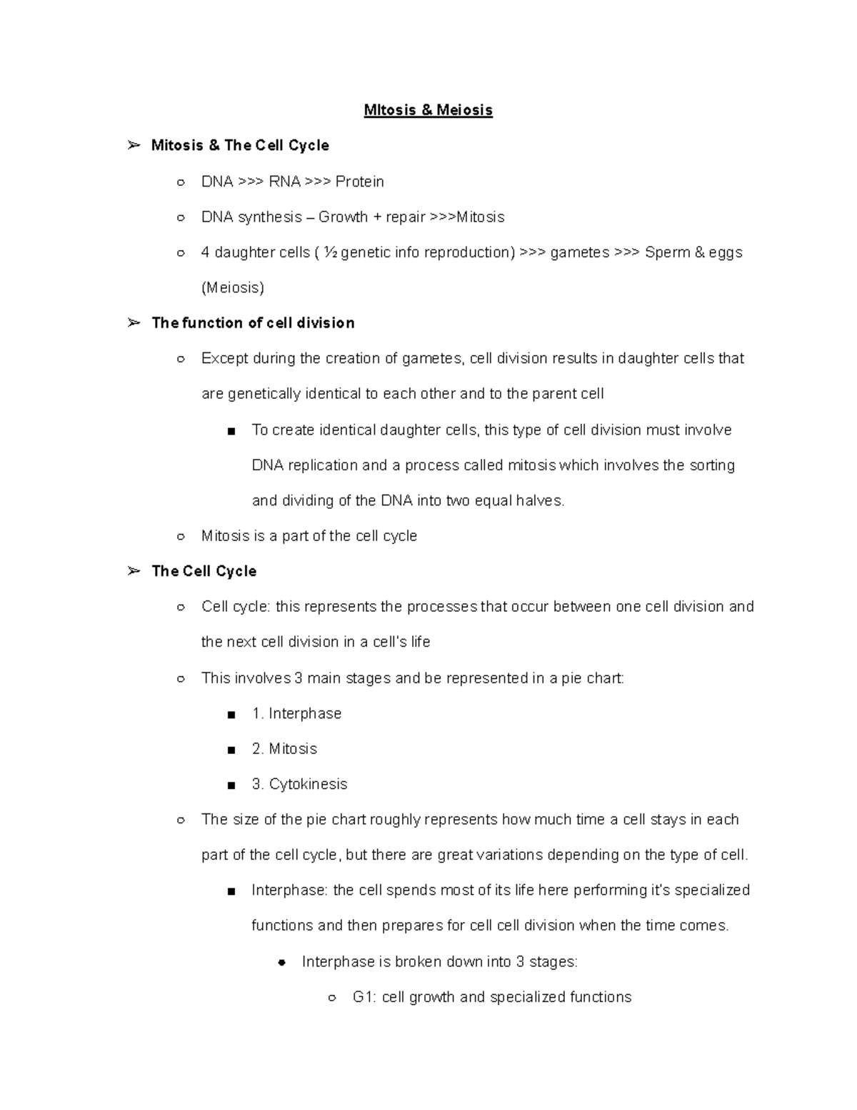 BIOL-121 Notes - MItosis & Meiosis Mitosis & The Cell Cycle DNA >>> RNA ...