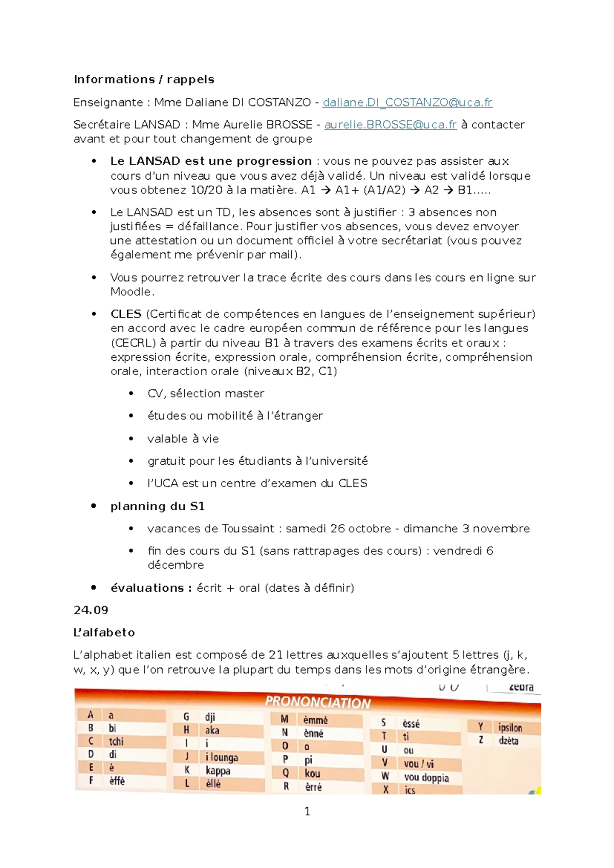 Cours 1 Italien A1 - Informations / rappels Enseignante : Mme Daliane ...