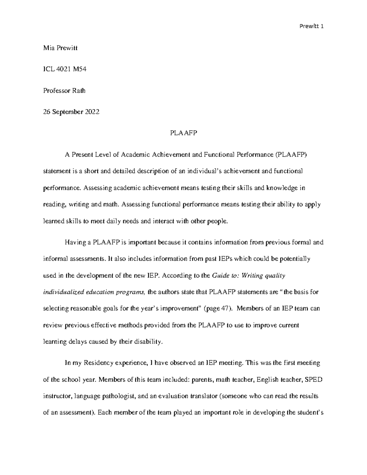 Plaafp - This essay explains what present level of academic achievement ...