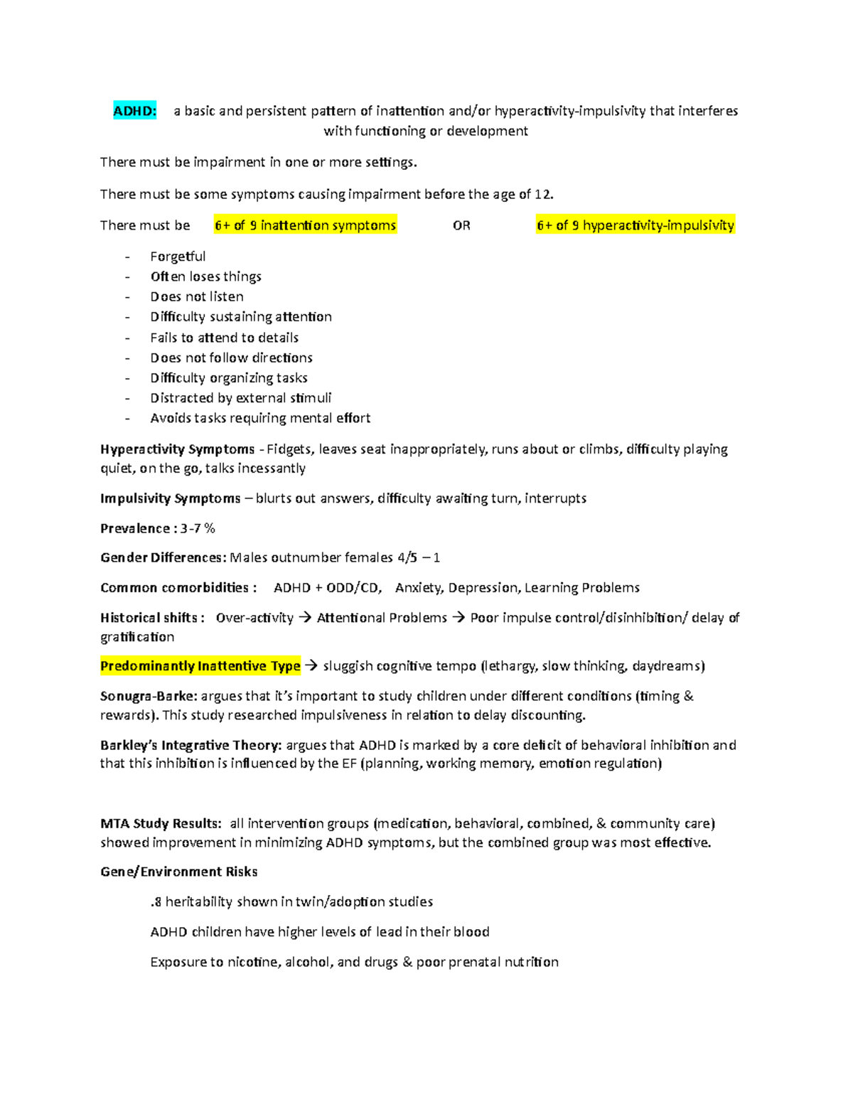Childhood Disorders Exam 2 Study Guide - ADHD: a basic and persistent ...