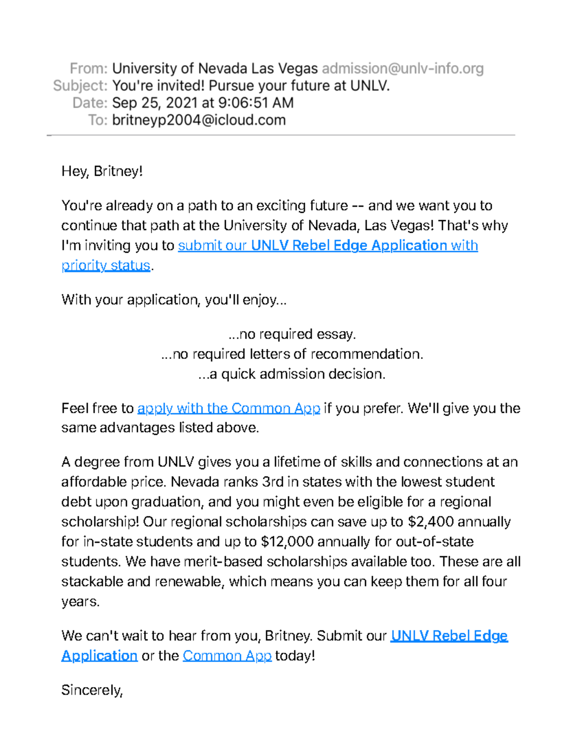 You're invited Pursue your future at UNLV - Hey, Britney! You're ...