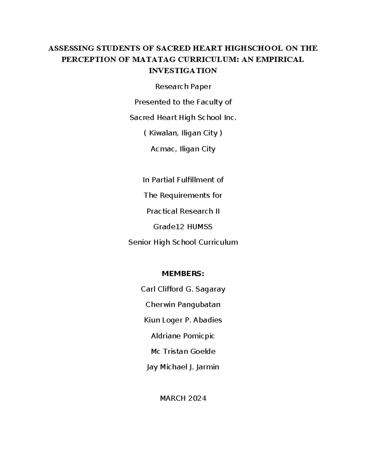 Research 2222CH - ASSESSING STUDENTS OF SACRED HEART HIGHSCHOOL ON THE ...